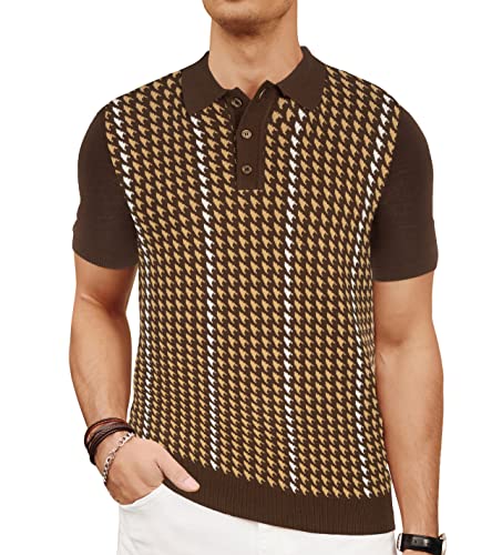 PJ PAUL JONES Retro Knitted Polo Shirt for Men 1950s Houndstooths Shirt Short Sleeve Button Down Knit Polos Knit Light Coffee S