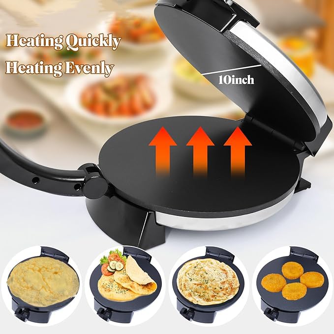 Electric Tortilla Maker 10 Inch, Roti Maker, Electric Tortilla Press, Temperature Controllable, The Automatic Stainless Steel Non-Stick Electric Machine To Make Indian Style Chapati