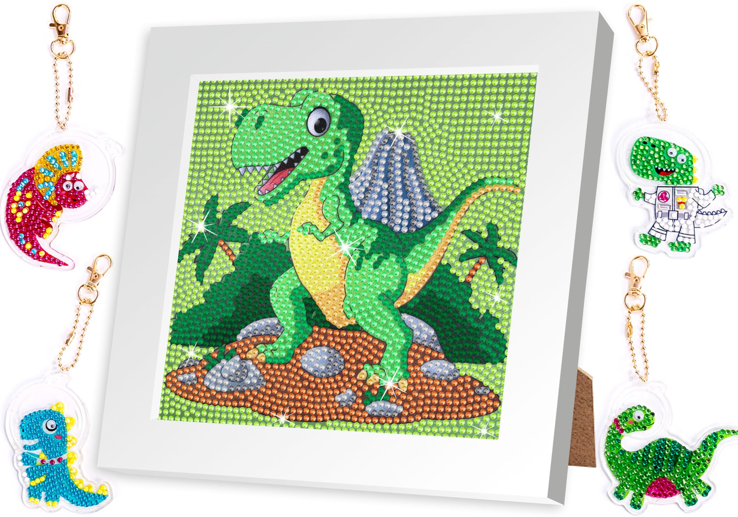 Diamond Art Painting Kits for Kids with Wooden Frames, 5D Diamonds Art and Crafts for Kids, Gem Art Painting by Number Kits for Kids Girls Boys Ages 8-12, (Dinosaur)