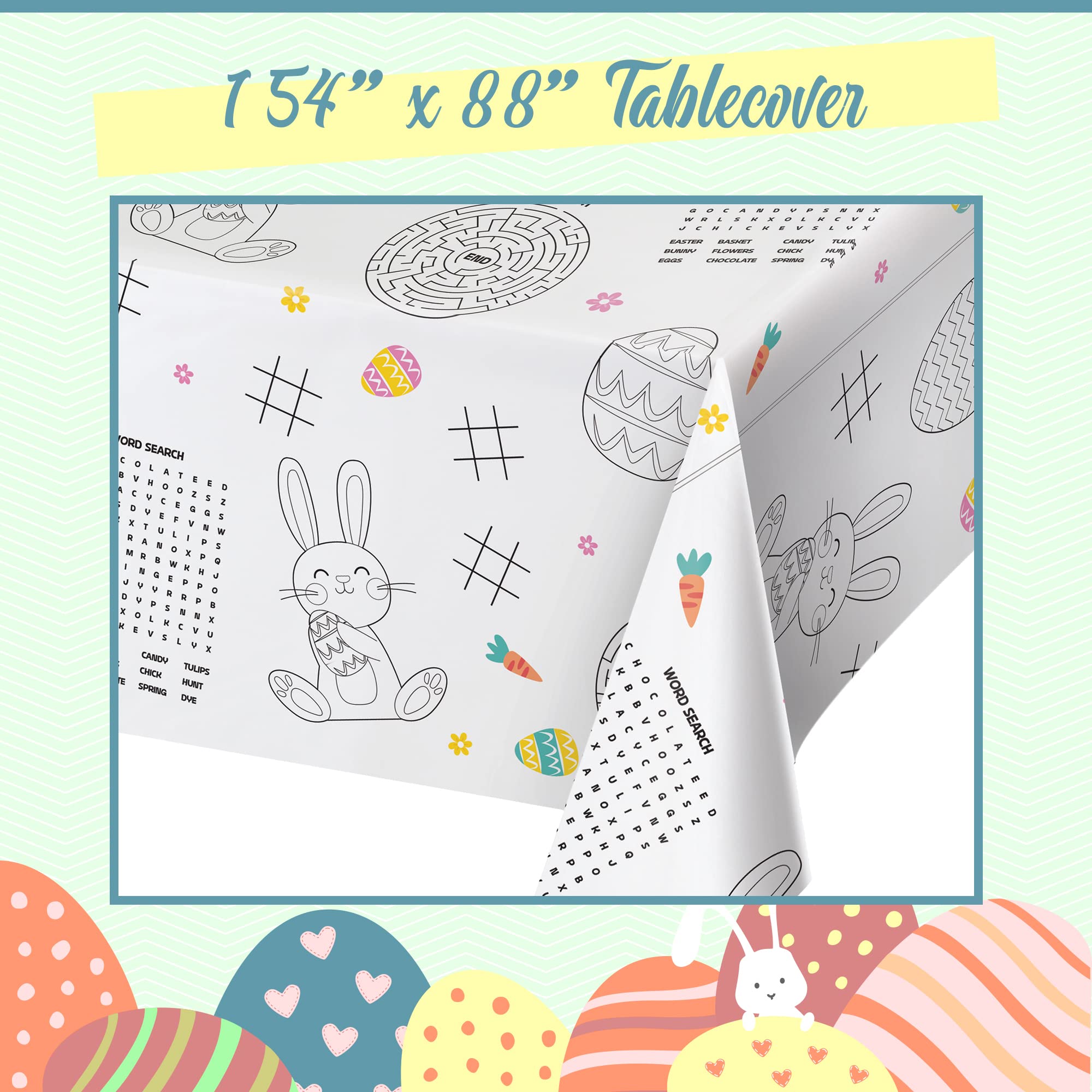 Creative Converting 1 Count Spring Easter Activity Tablecloths 54" x 88" and 8 Coloring Activity Sheets - Games for Kids Party or Luncheon - Word Search, Tic Tac Toe, Eggs, Bunny