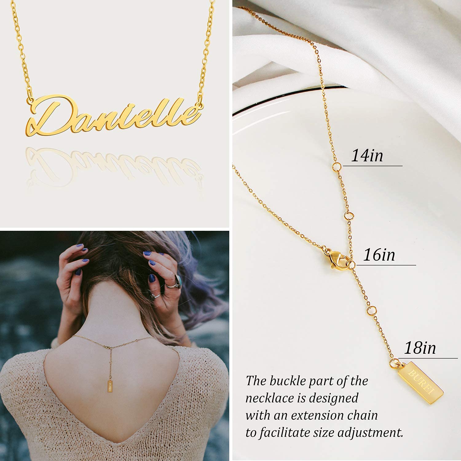 BUREI Name Necklace Personalized Gold Plated friendship Jewelry Women Gift for Her (Danielle pendant)
