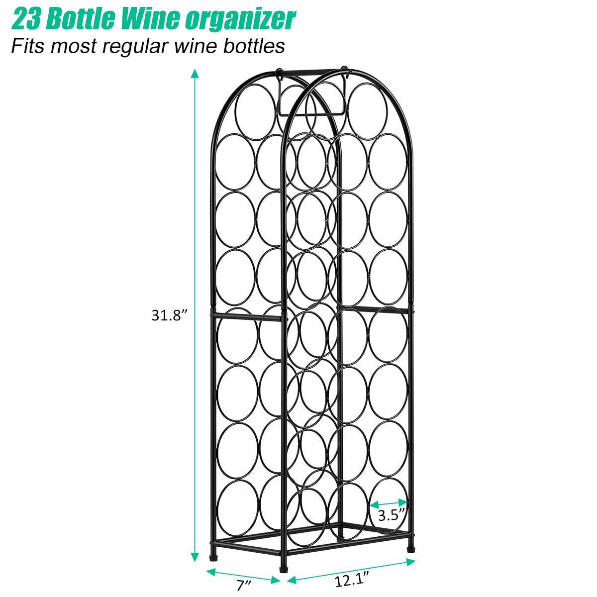 HEOMU 23 Wine Rack Freestanding Floor, Metal Wine Rack Wine Bottle Holder Stands Wine Storage Organizer Display Rack Table Wine Glass Rack for Bar Kitchen Dining Living Room, Black