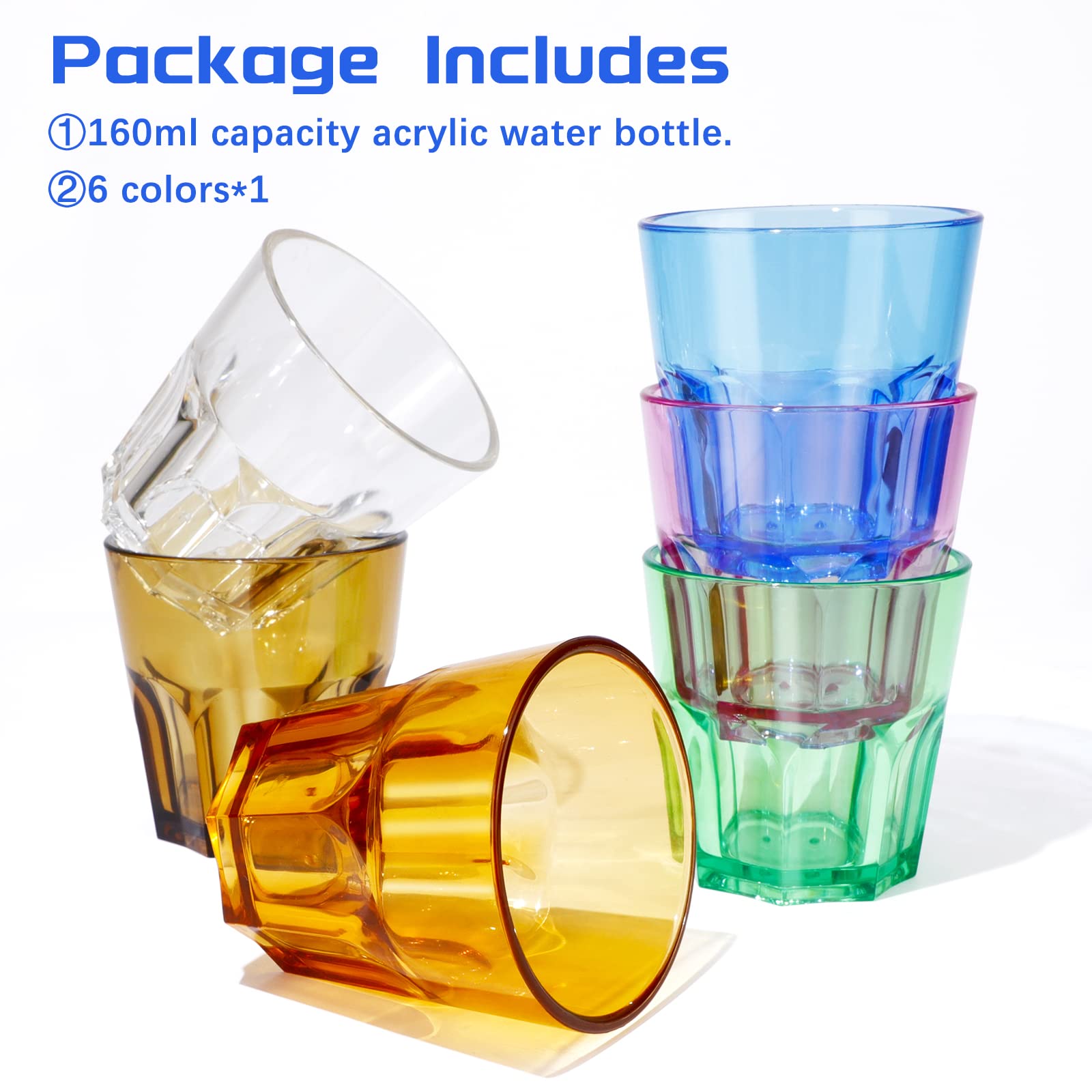 Colored Acrylic Glasses Drinkware, Unbreakable Glasses Drinking Set of 6, Plastic Cups Reusable, Dishwasher Safe, Small Water Tumbler Cups for Kids Picnic Christmas Gift Party Juice Whiskey Wine