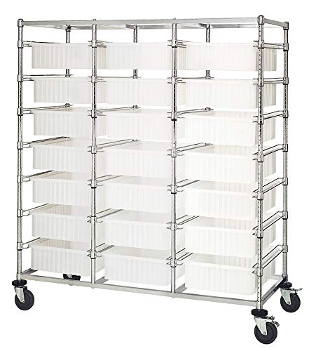 Quantum BC216069M1TCL Triple Bay Mobile Bin Cart Kit | (21) DG93060 Clear Dividable Bin Container for Display | 1200 lbs Load Capacity | 60"L x 24"W x 69"H, Polypropylene, Chrome Plated Carbon Steel