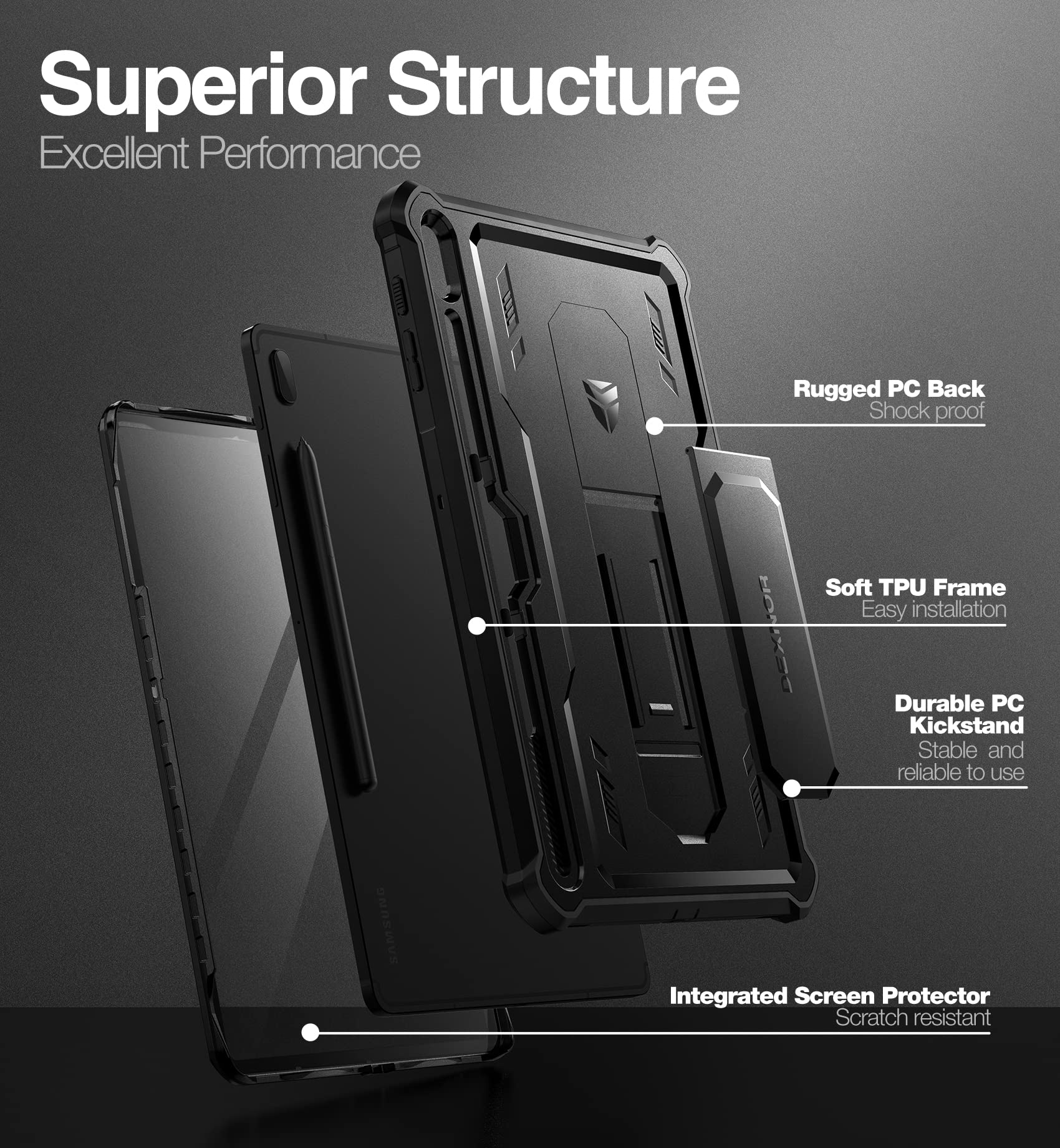 Dexnor Case for Galaxy Tab S7 FE 12.4 Inch (2021), [Built in Screen Protector & Kickstand] with Pen Holder Heavy Duty Shockproof Full Body Protective Cover for Galaxy S7 FE Case-Black