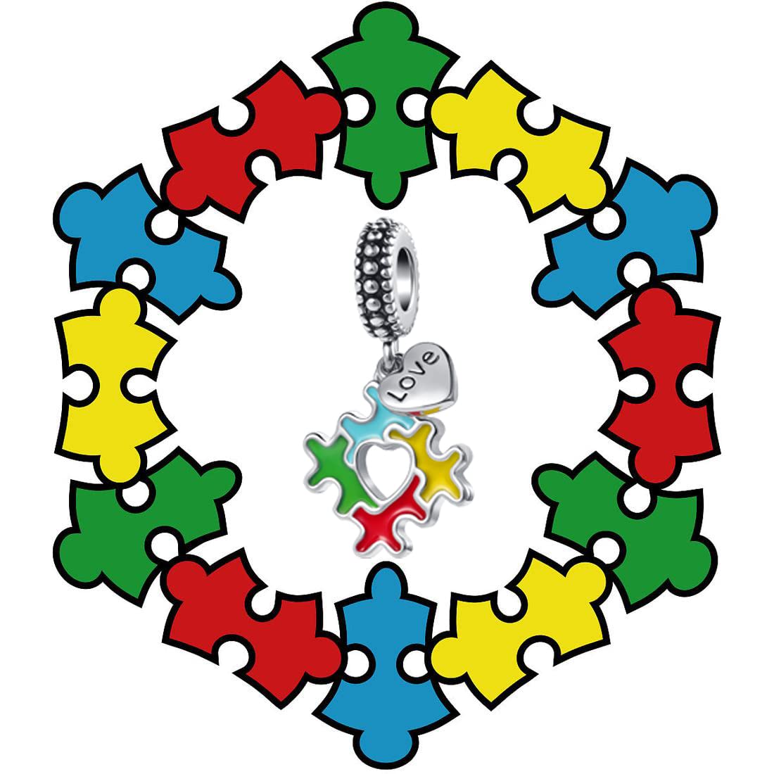 DWJSu Heart Autism Charms fit Pandora Bracelet and Necklace Awareness Puzzle Piece Enamel Love ASD Dangle Bead Charm
