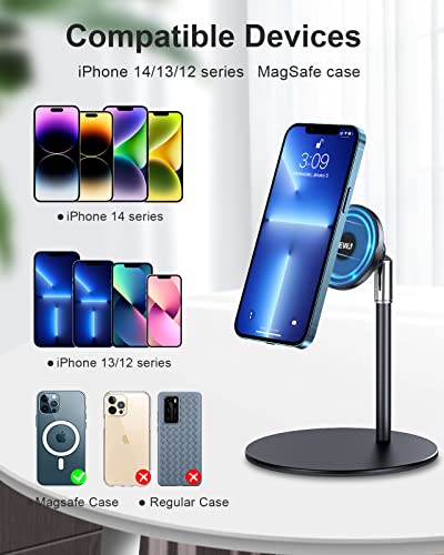 EWA Magnetic Phone Stand, 360°Rotation Adjustable Cell Phone Stand for Desk/Nightstand/Office, Hands-Free Metal Magnetic Phone Holder Stand, Compatible with iPhone 15/14/13/12 Magsafe Case, Black