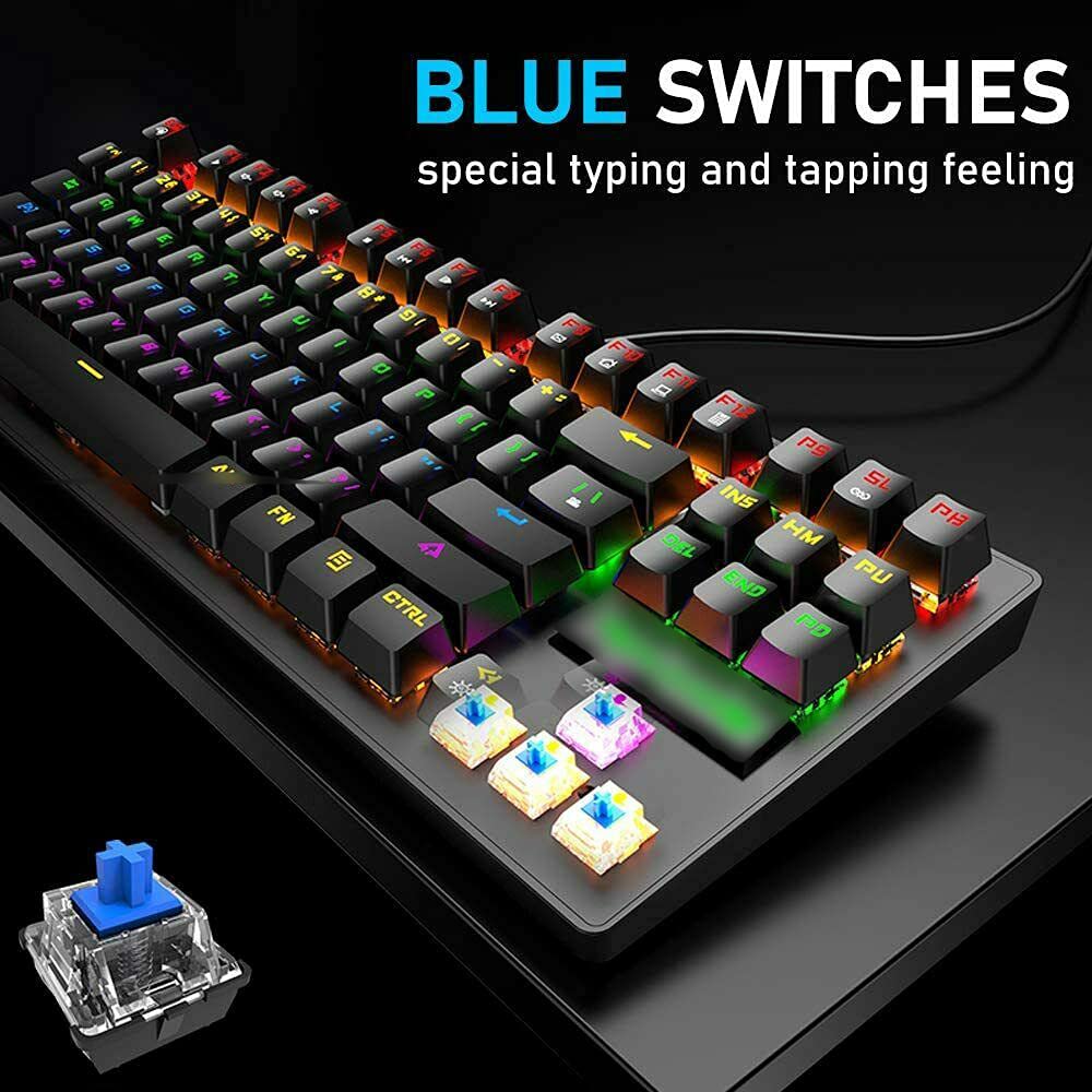 Computer Mechanical Keyboard,Wired Rainbow LED Backlit 87 Key Waterproof Gaming Keyboard,Gaming Mouse 6400 DPI RGB Mouse and Mouse pad for PC PS4(Black)