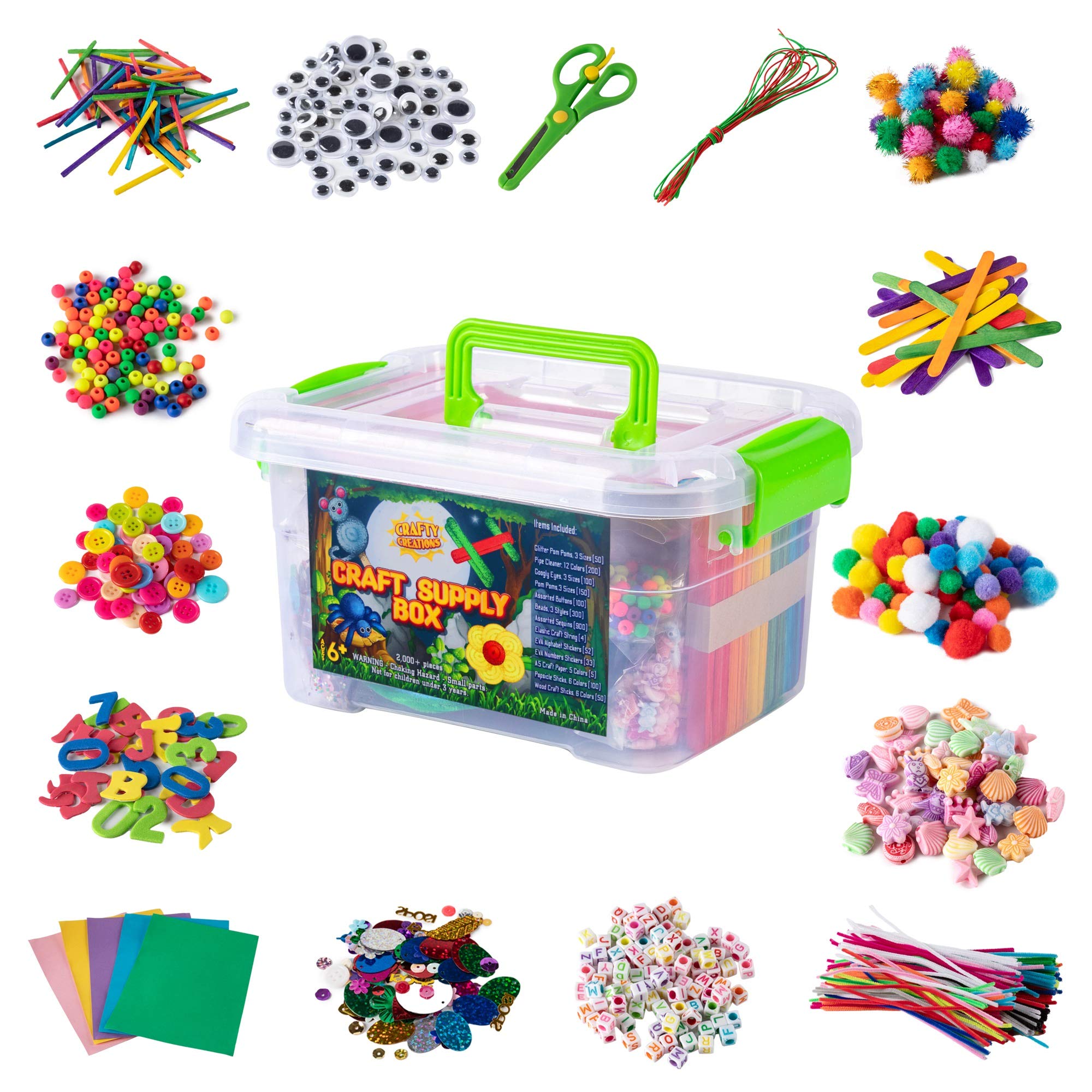 Jumbo Arts & Crafts Kit Box - 2,000+ Pieces Pompoms, Craft Sticks, Pipe Cleaners, Scissors, & More in Large Craft Box - Art Supplies Set for Adults & Kids Age 6,7,8,9,10,11,12 - Large Organizer Box