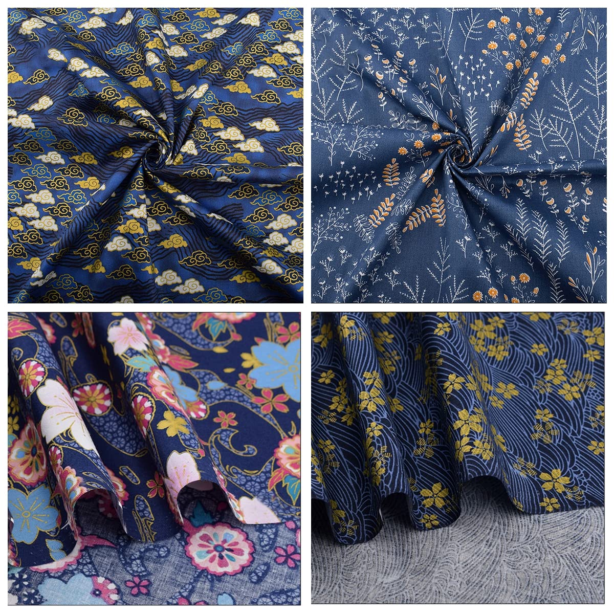 Queenbox 6PCS Japanese Printed Fabric, 15.7x19.6" Furoshiki Cloth, Traditional Sakura Printed Waves Cotton Sewing Fabric for Kimono Cheongsam Bag DIY Quilting