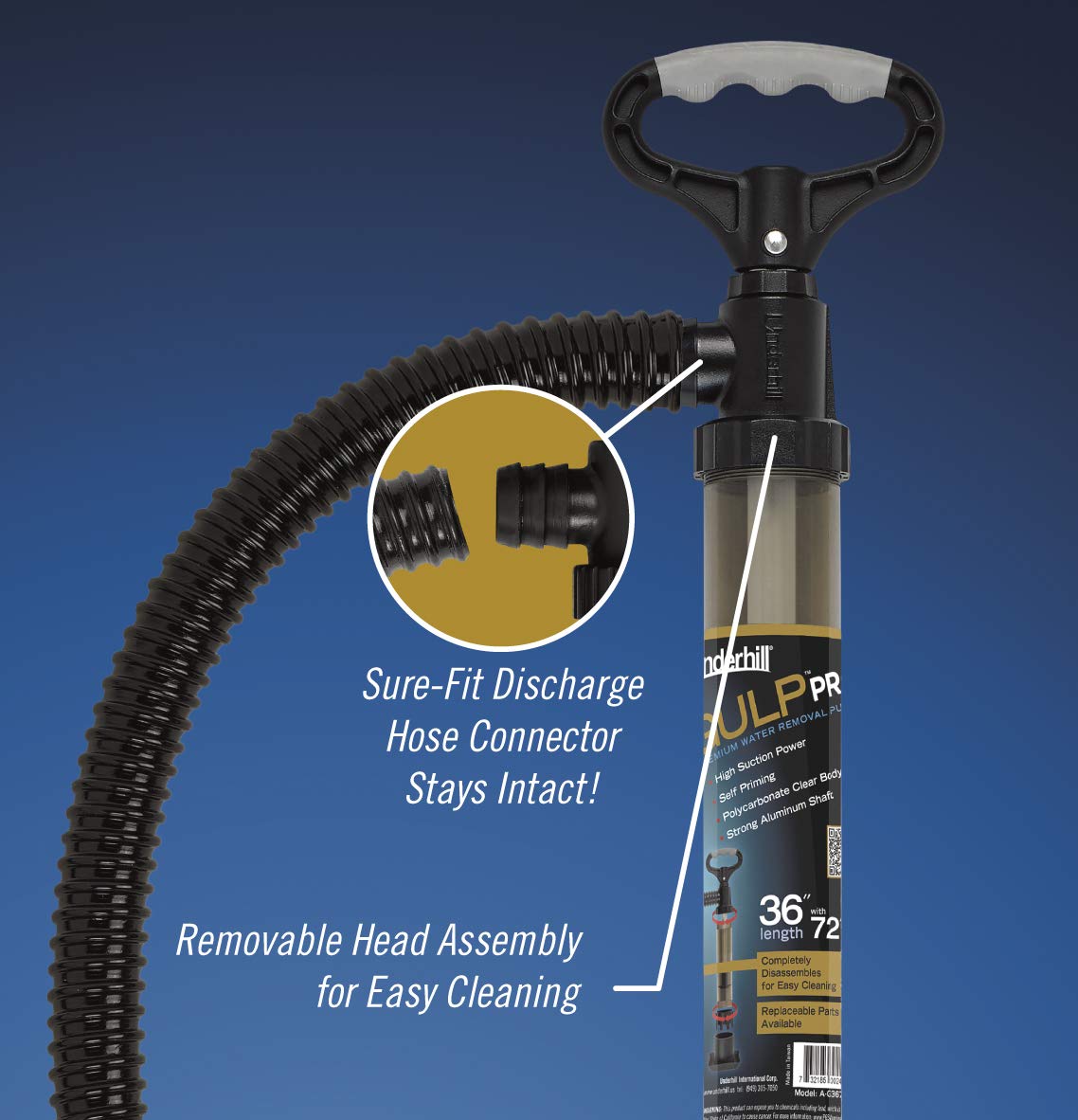 Underhill Siphon Suction Water Pump with Hand Manual Plunger 36" Length with 72" Outlet Hose, For Irrigation, Sprinkler, Fluid Transfer, Super High Capacity Water Removal, Big Gulp Pro, A-G3672CK