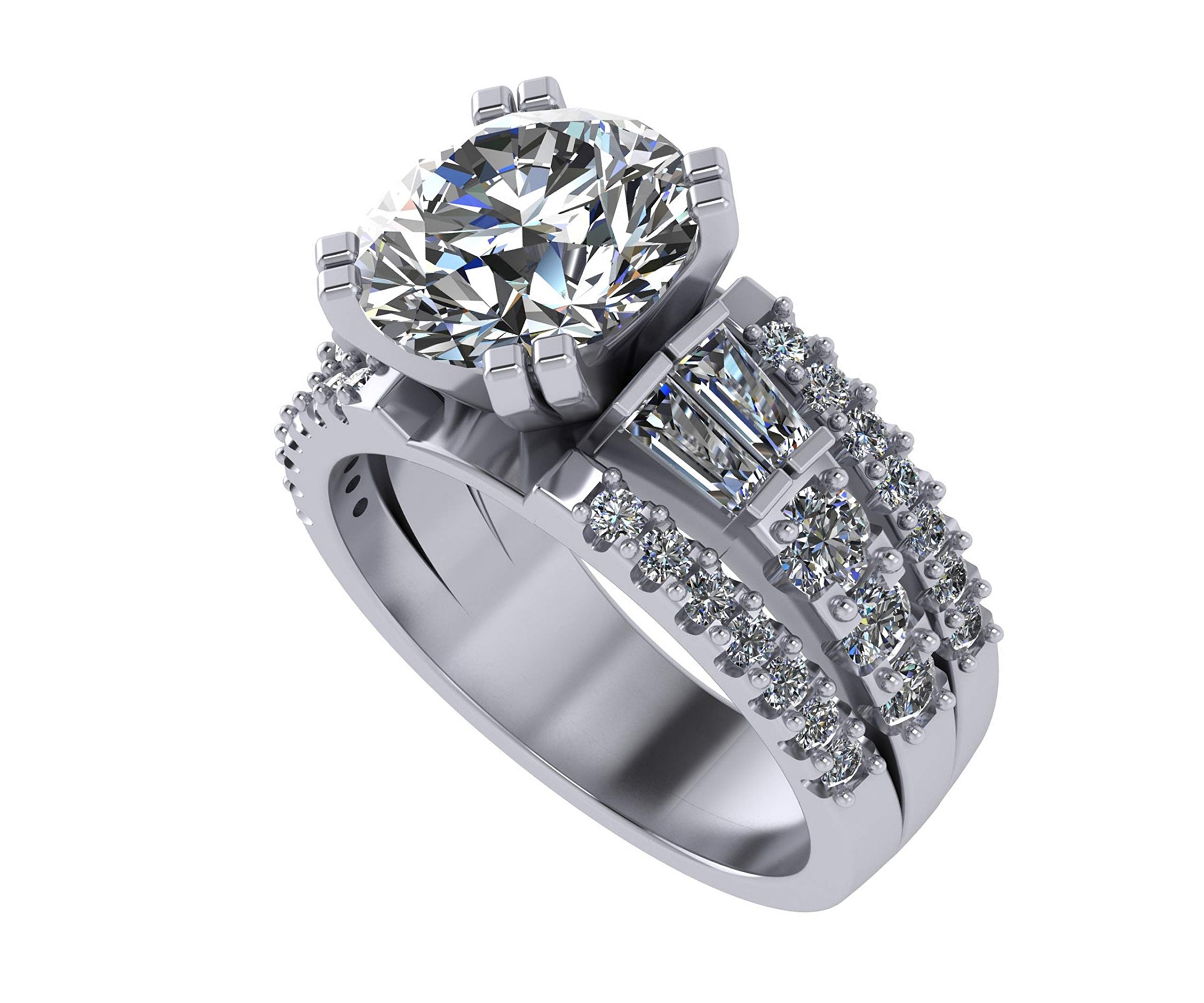 Central Diamond Center Sterling Silver Round & Baguette Engagement Ring with a 9.00mm - 3.00ct Round Center Stone - Size 5