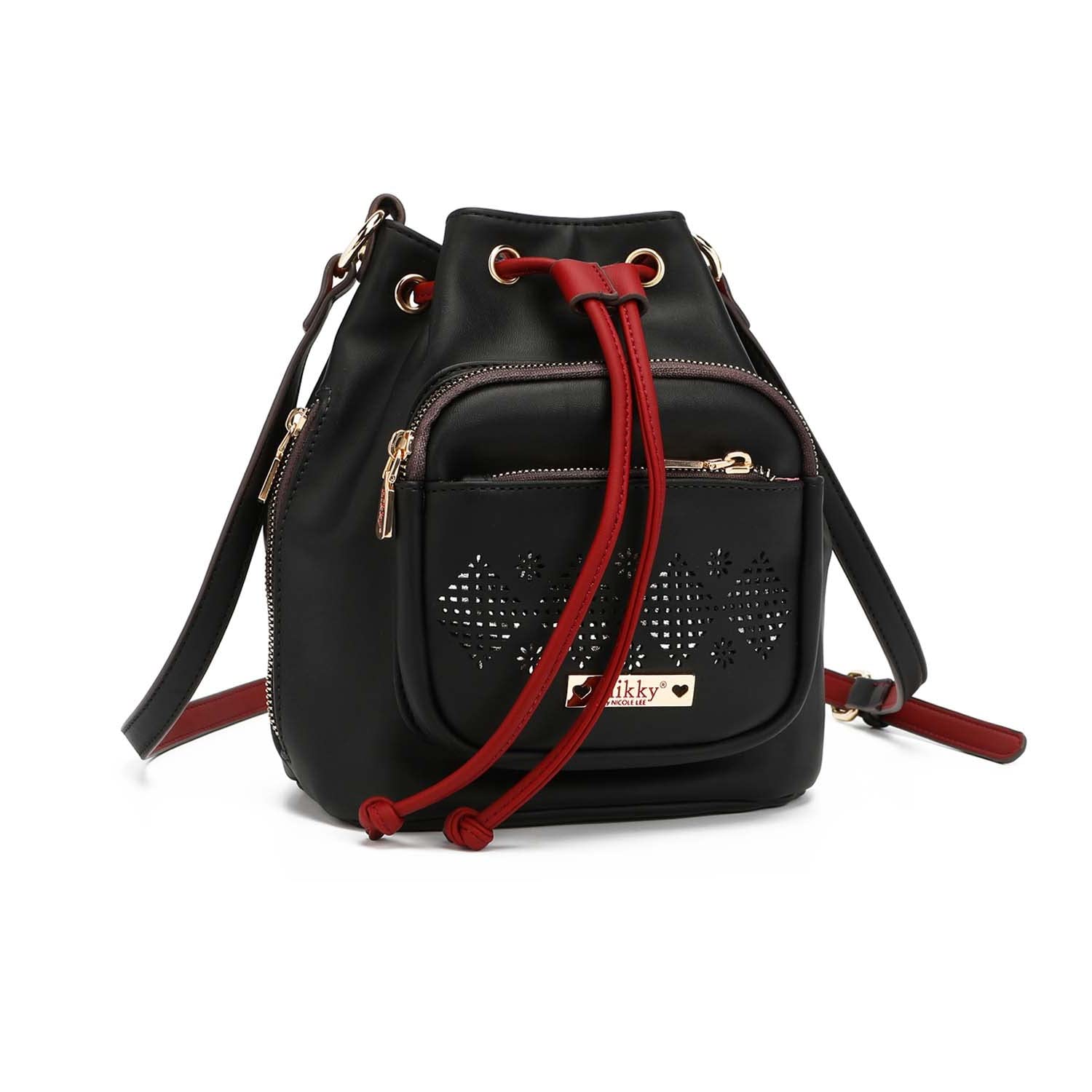 DESTINY BY NICOLE LEE Bucket Bag with Adjustable Shoulder Strap Drawstring Closure Fashion Handbag Eco Leather for Women NK12323 Black