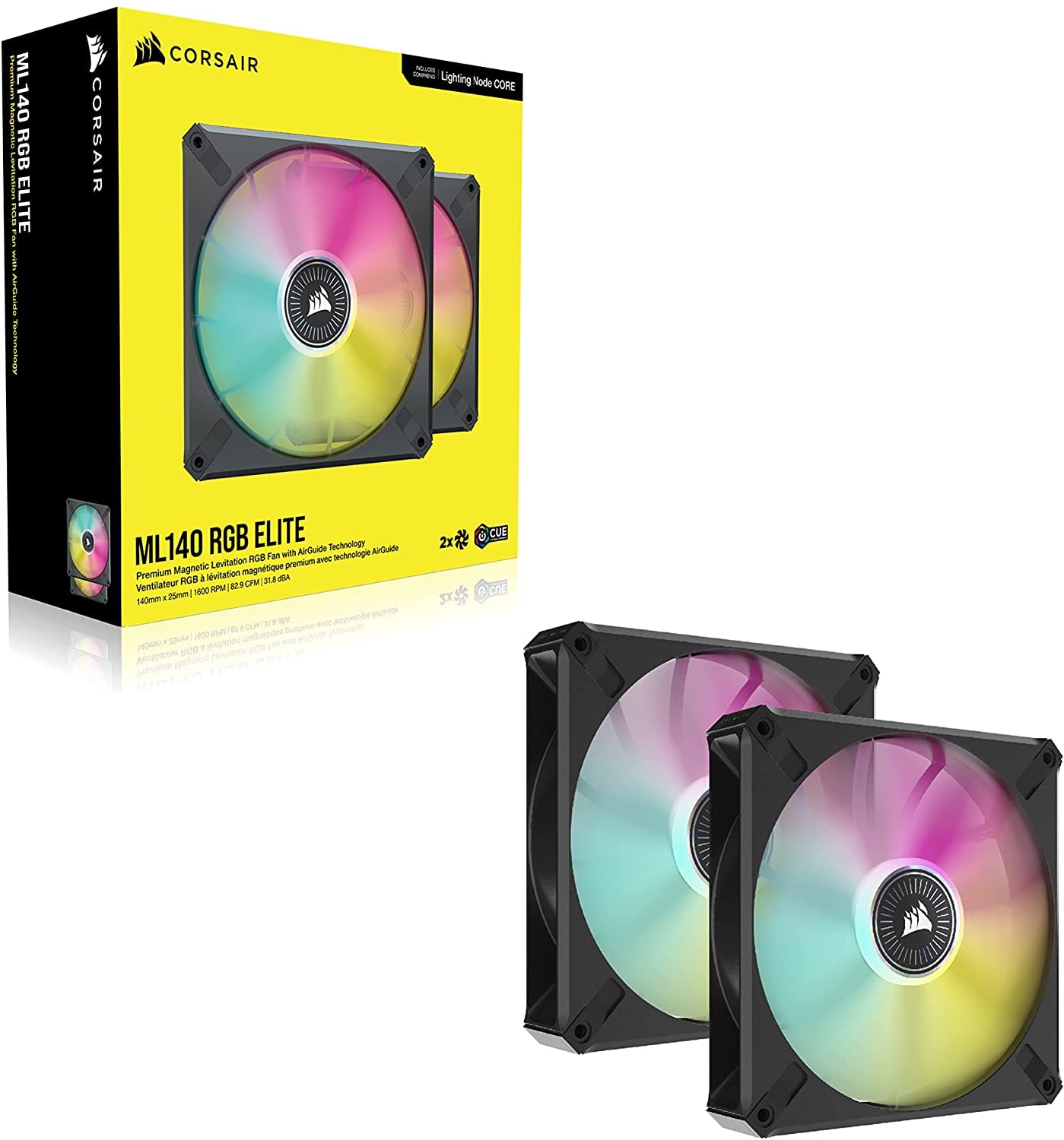 CORSAIR ML140 RGB Elite, 140mm Magnetic Levitation RGB Fan with AirGuide, 2-Pack with Lighting Node CORE