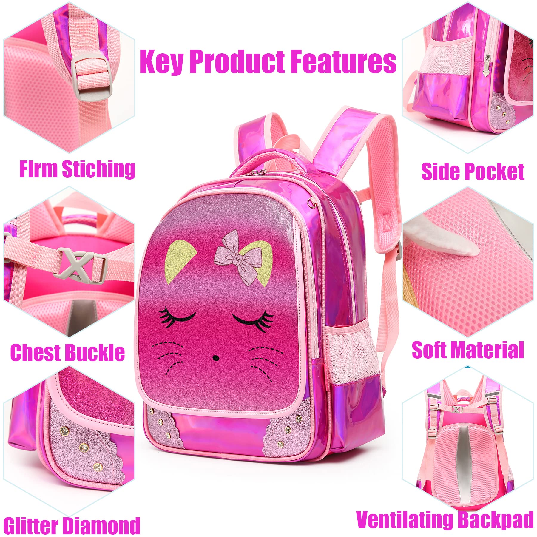 Dorlubel School Backpack for Girls, Kids Backpack Childrenās School Bag Cat face Diamond Glitter BookBags for Elementary (Rose Cat Set)