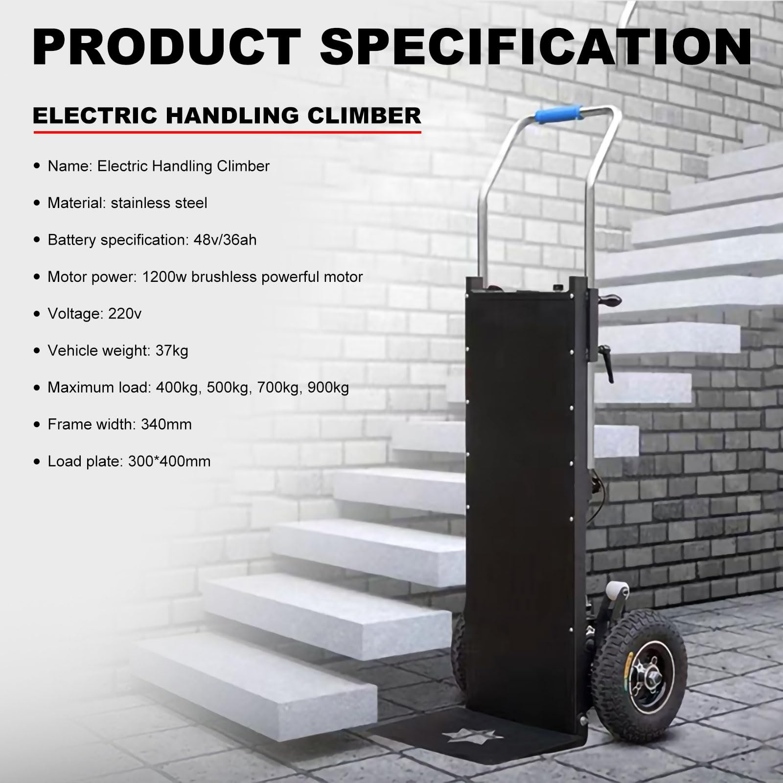 Electric Stair Climbing Hand Trucks Cart Easy Up/Down, 1200 W 881lb Max Load for Moving Warehouse Logistics Distribution