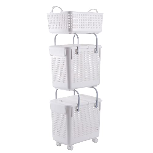 HANAMYA 3 pieces of Laundry Hampers Basket, with Lid and Wheels, Modern Hollow-carved Design, White
