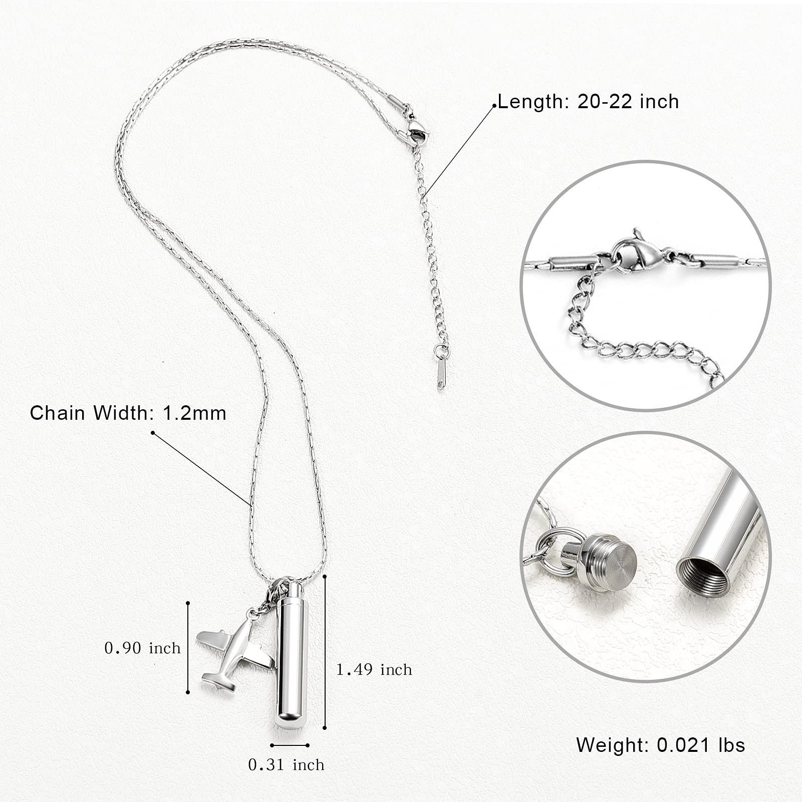 constantlife Cylinder Cremation Jewelry for Ashes 316L Stainless Steel Urn Pendant Memorial Necklace with Small Accessories Charms Keepsake (Airplane)