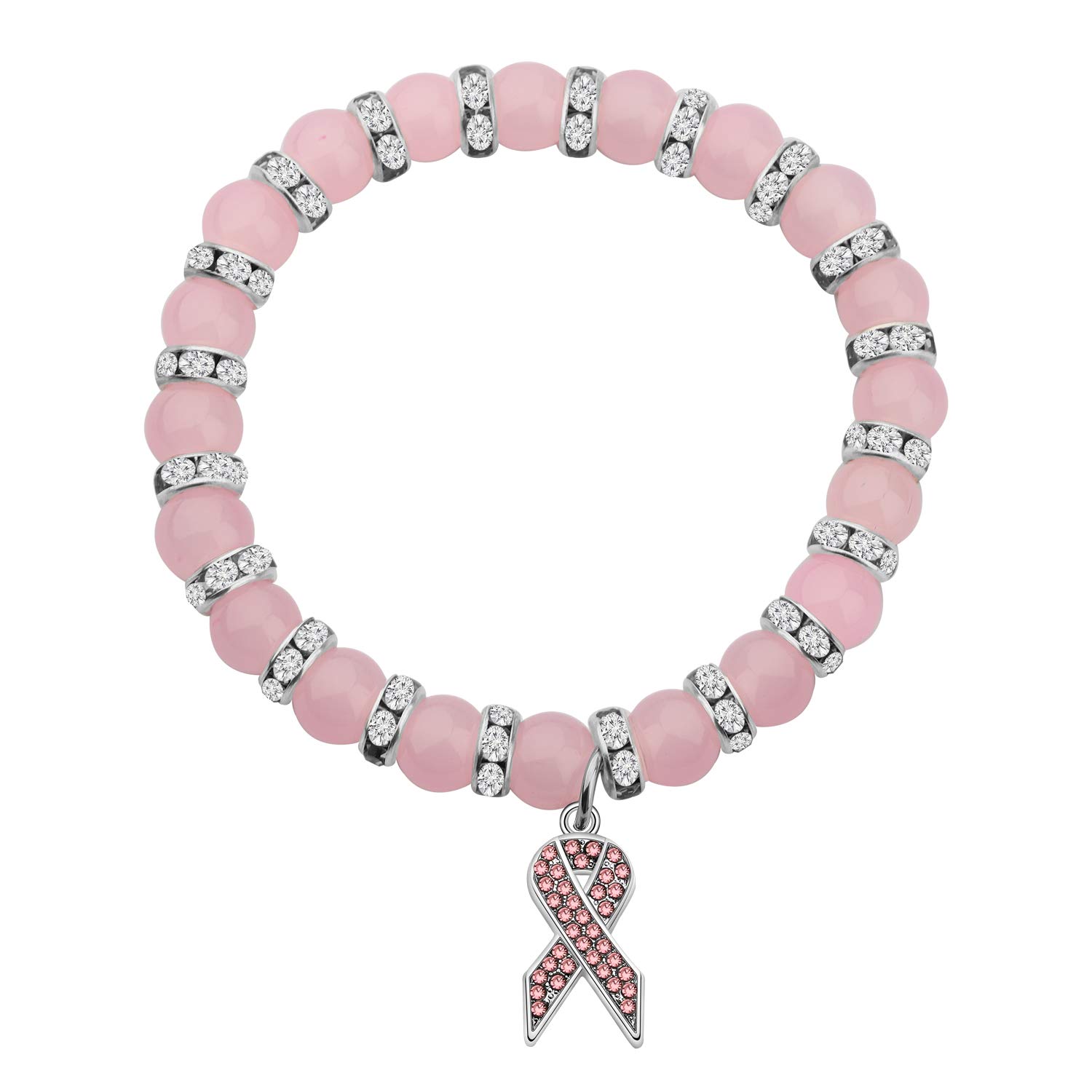 CENWA Breast Cancer Awareness Bracelet Pink Rhinestone Ribbon Charm Beads Bracelet Breast Cancer Support Gift (Breast Cancer Awareness Br)