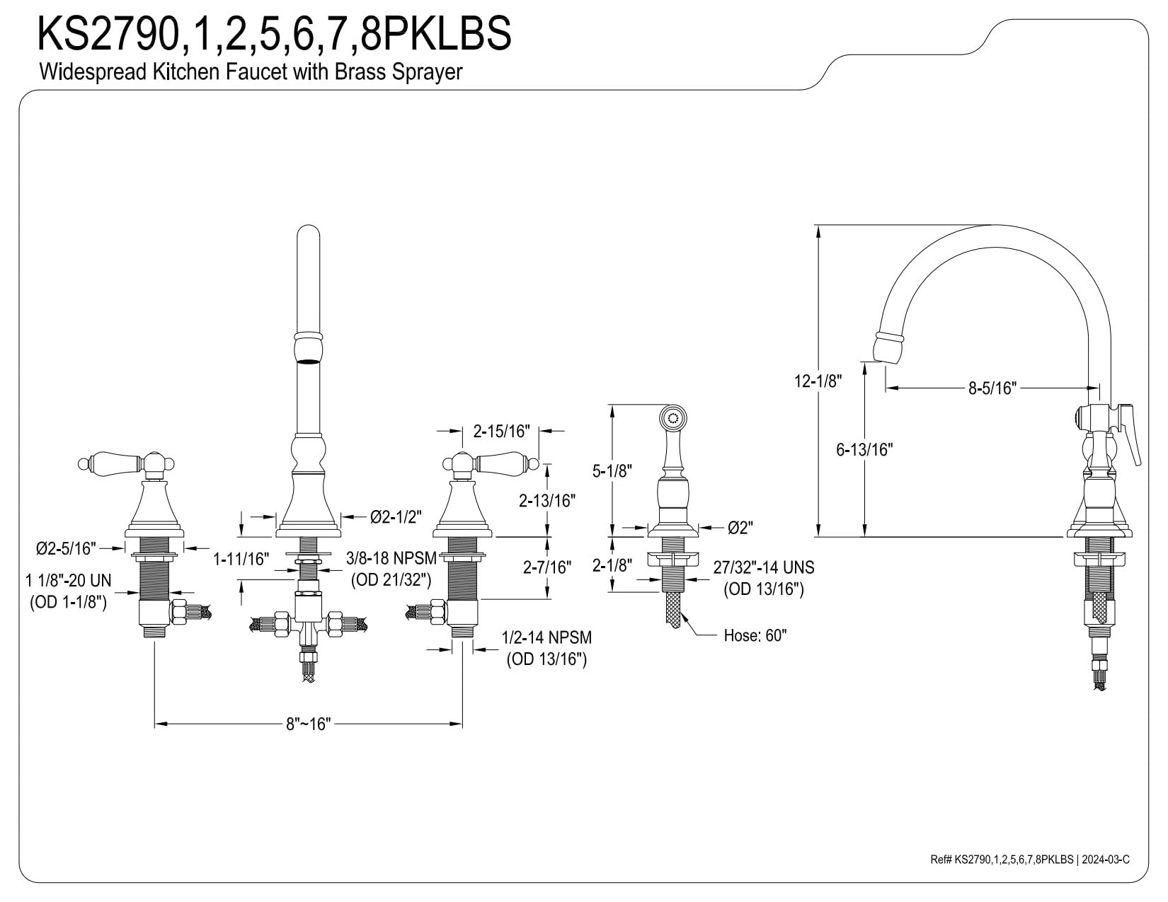 Kingston Brass KS2791PKLBS Duchess Widespread Kitchen Faucet with Brass Sprayer, Polished Chrome