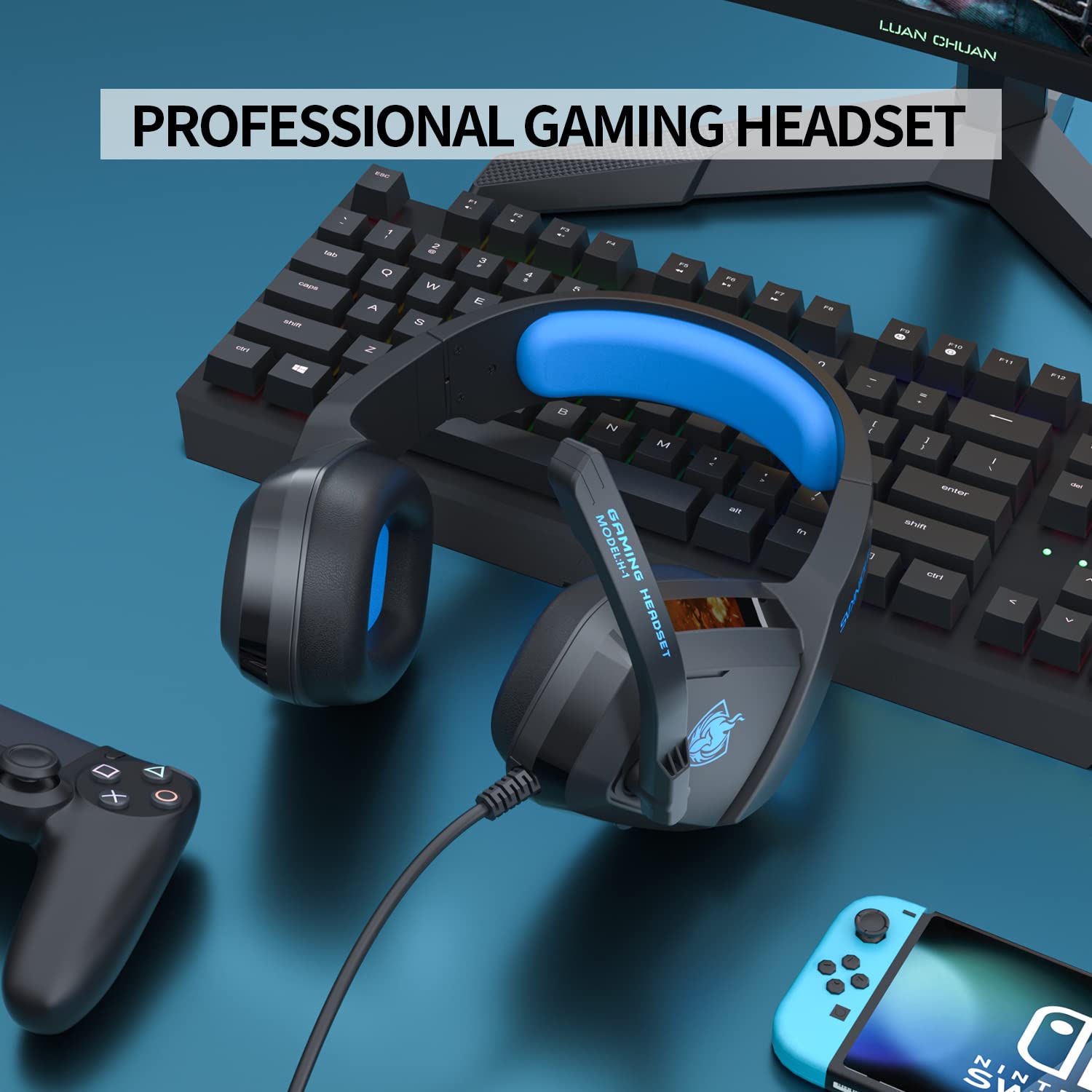 PHOINIKAS Gaming Headset, PS5 Headset for PS4, Xbox One, PC, Laptop, Switch, Over Ear Gaming Headphones Noise-Cancelling Mic, Bass Surround - Blue