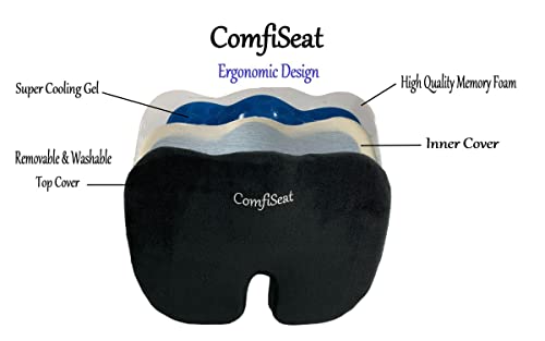 ComfiSeat Seat Cushion, Ergonomic Design with Cooling Gel and Memory Foam for Office/Home, Car and Wheel Chair Seats