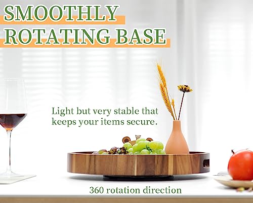 Lazy Susan Wooden Round Tray with Built-in Handles, Farmhouse Wood Serving Tray with Rotating System, Multifunctional Organizer Tray for Home Decorations Bath Vanity Tray Kitchen Counter Ottoman Tray