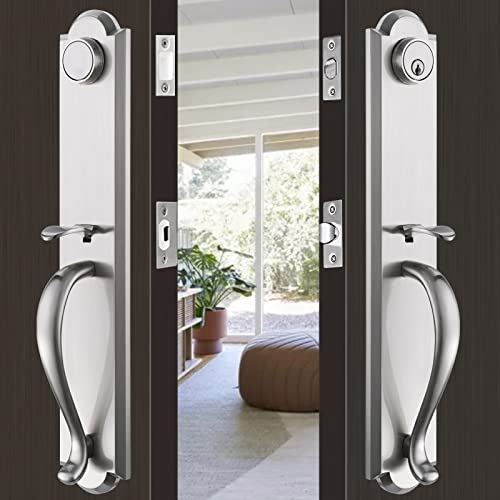 HISAFE Front Door Handle Double Door Lock Set with Camelot Trim in Satin Nickel, Entrance Handle Set with Deadbolt and Lever, X-2018SET