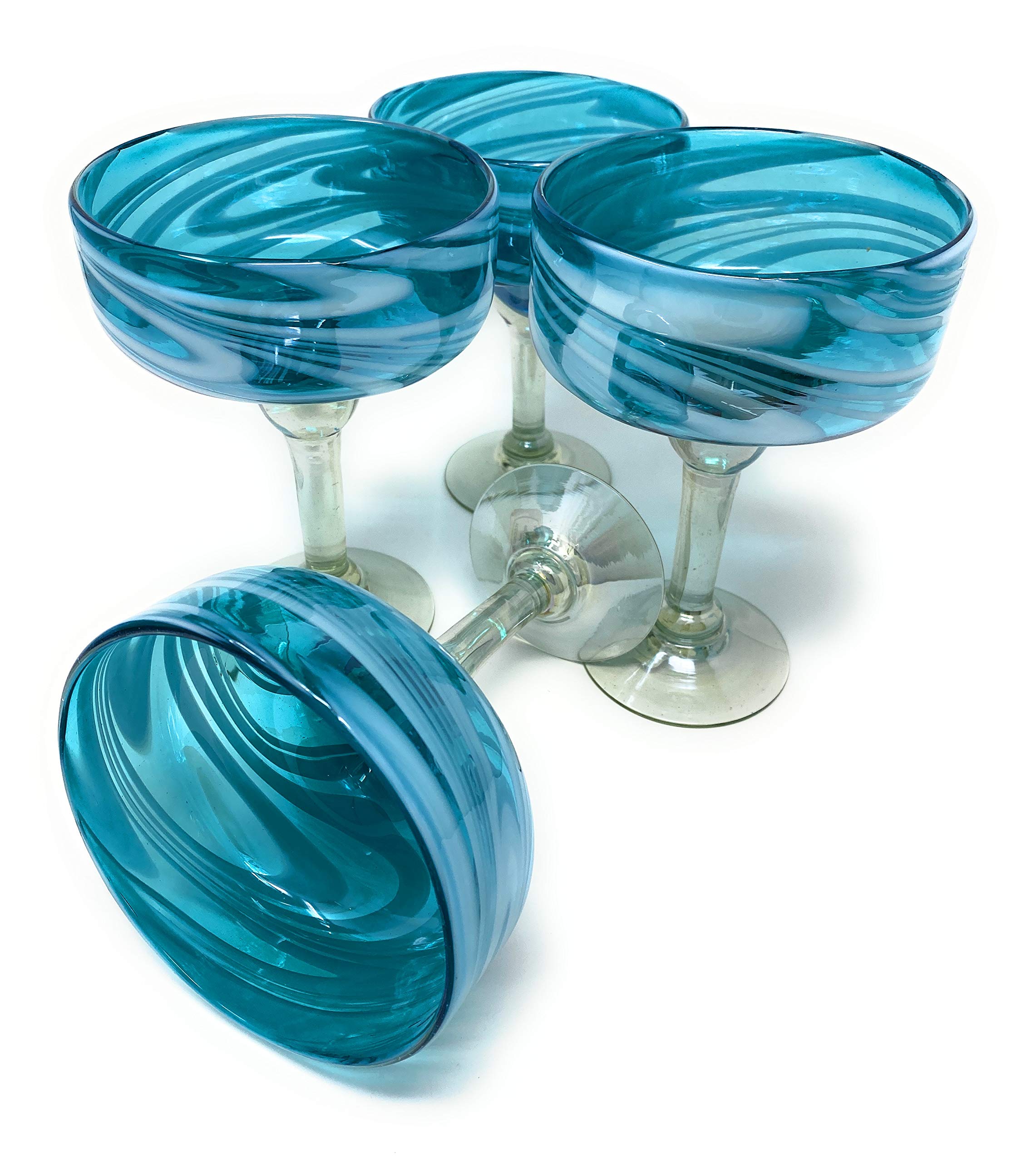 Dos Sueños Mexican Hand Blown Glass – Set of 4 Hand Blown Margarita Glasses Aqua Swirl (16 oz)