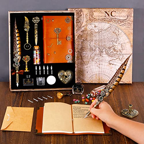 NC Feather Pen Ink Set, Includes Quill Pen,Notebook,5 Replaceable Nibs,Stamp,Spoon,Wax Beads,White Wax, Ink,Pen Holder, Cup,Envelope,Letter Paper, Etc.Gift Selection Calligraphy Pen Set.