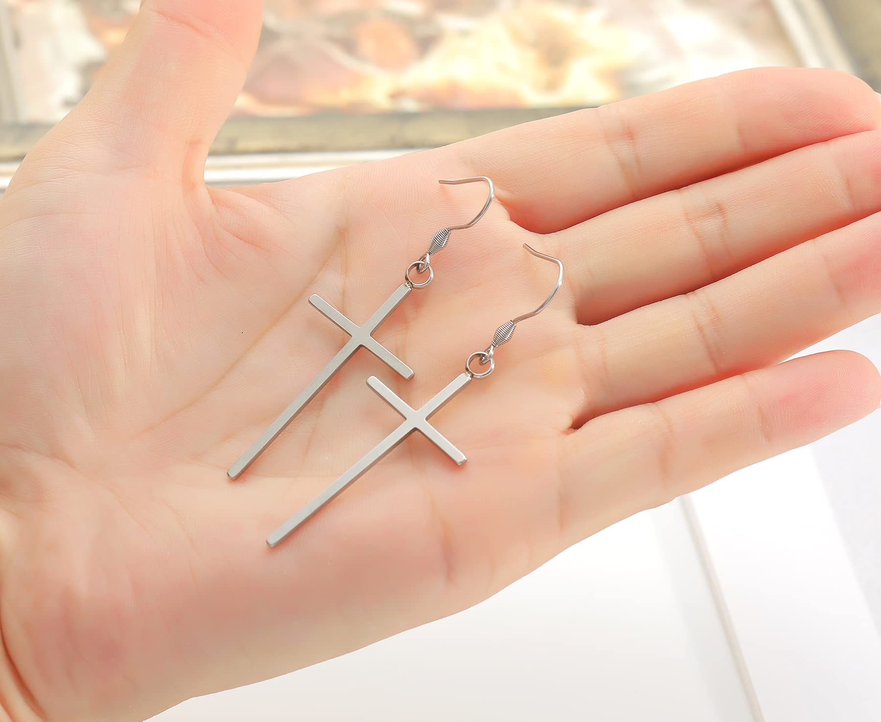 Cross Earrings for Women Stainless Steel Long Slim Dangle Cross Earrings 3 Pairs Silver Gold Black