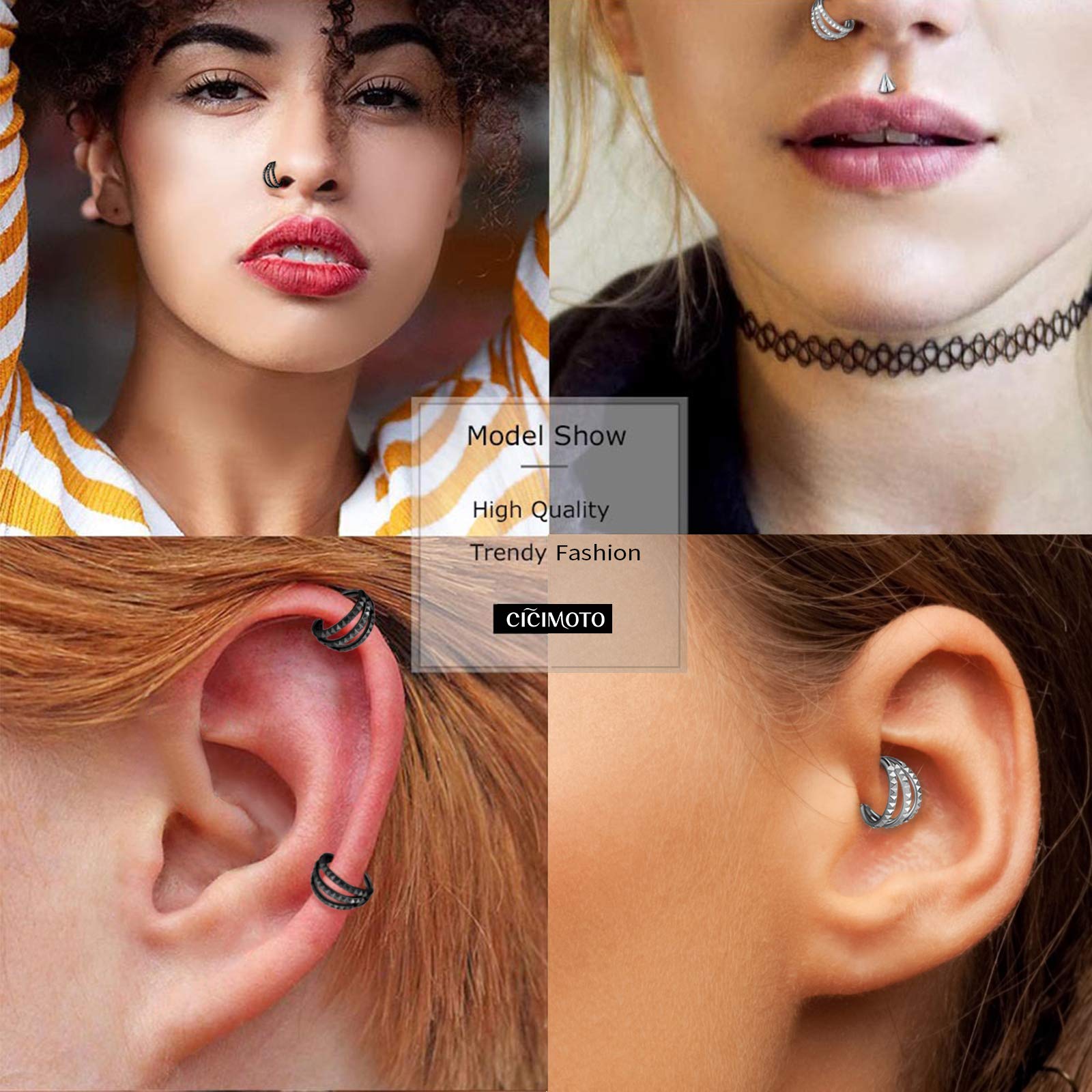CICIMOTO Nose Ring Hoop 16G Triple Stack Septum Rings Surgical Steel Tragus Earrings Hinged Segment Clicker Daith Helix Conch Rook Lobe Ear Piercing Jewelry for Women Men,Black