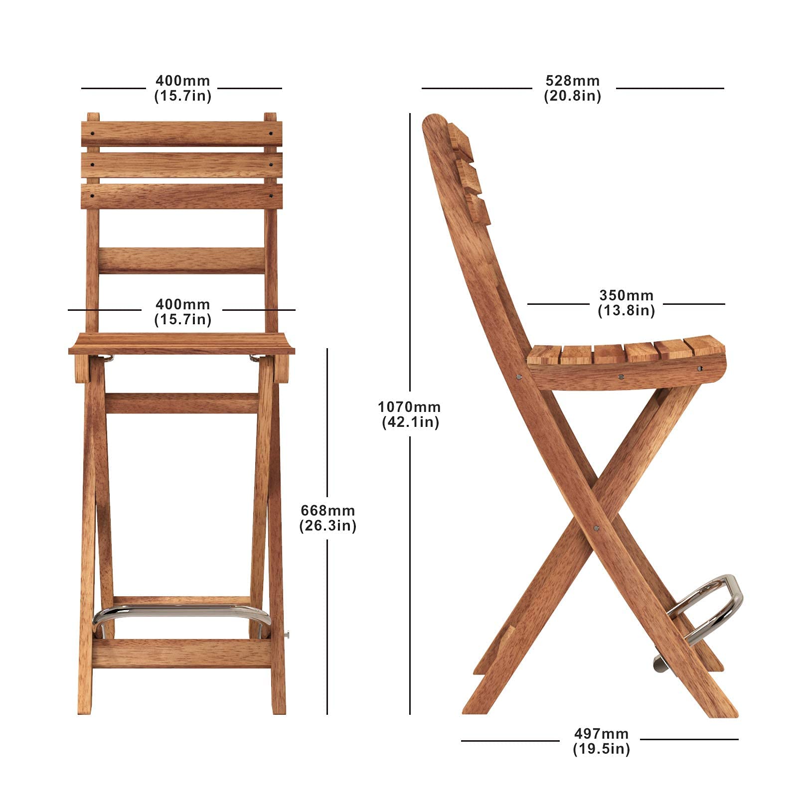 INTERBUILD REAL WOOD Acacia Hardwood Foldable Sofia Bar Height Chair with Foot Rest, 26" Tall, 2 Piece Set - Golden Teak