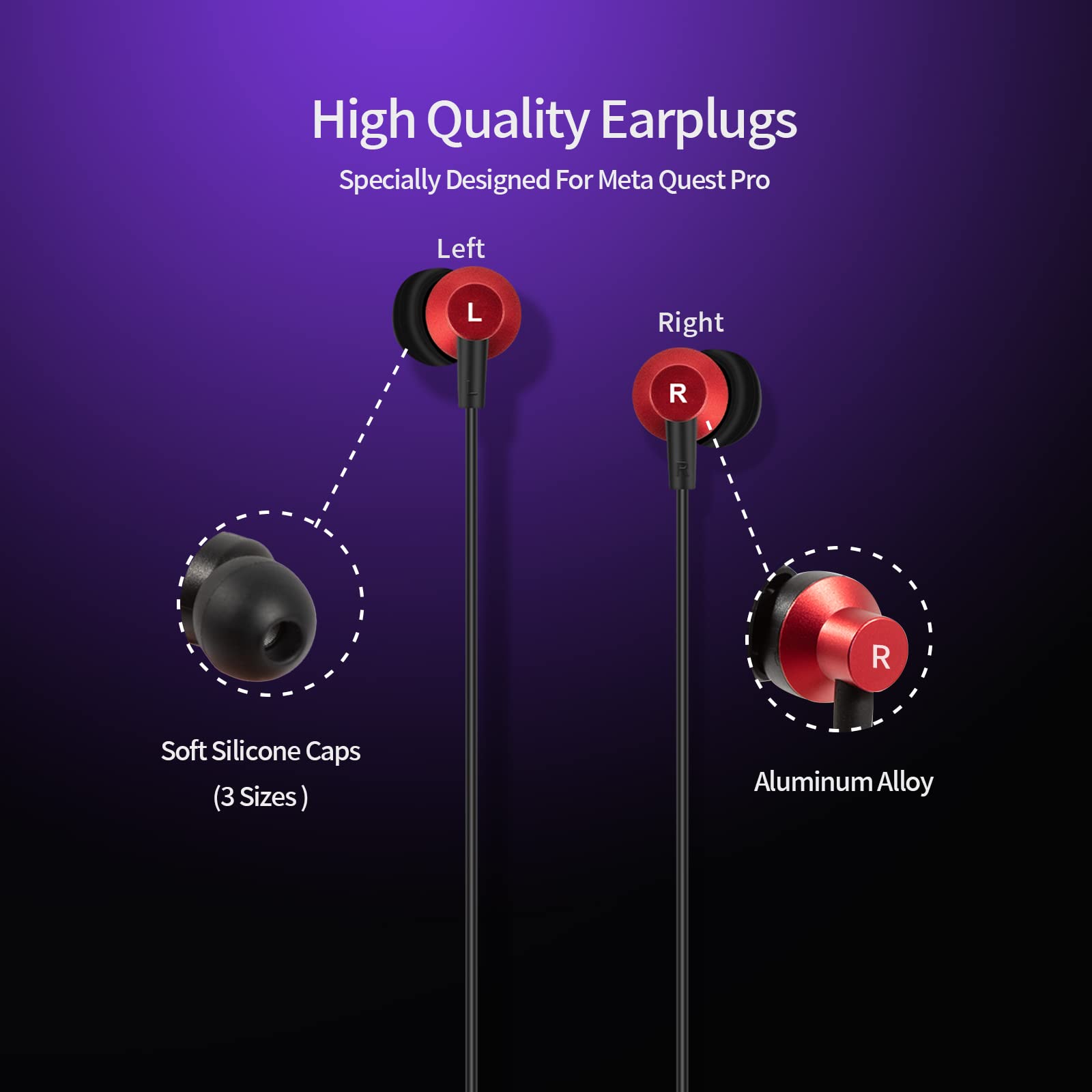DEVASO VR Earbuds for Meta Quest Pro, VR Gaming Earphones for Meta Quest Pro in-Ear Short-Cord with Silicone Earbuds Caps(Red&Black)