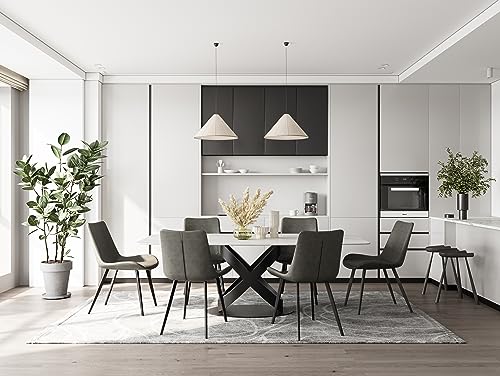 Modern Dining Table, Sintered Stone Tabletop Dining Room Table for Up to 8, Simple Retro Art, Rounded Corner Design, Solid Black Carbon Steel Base, 71"