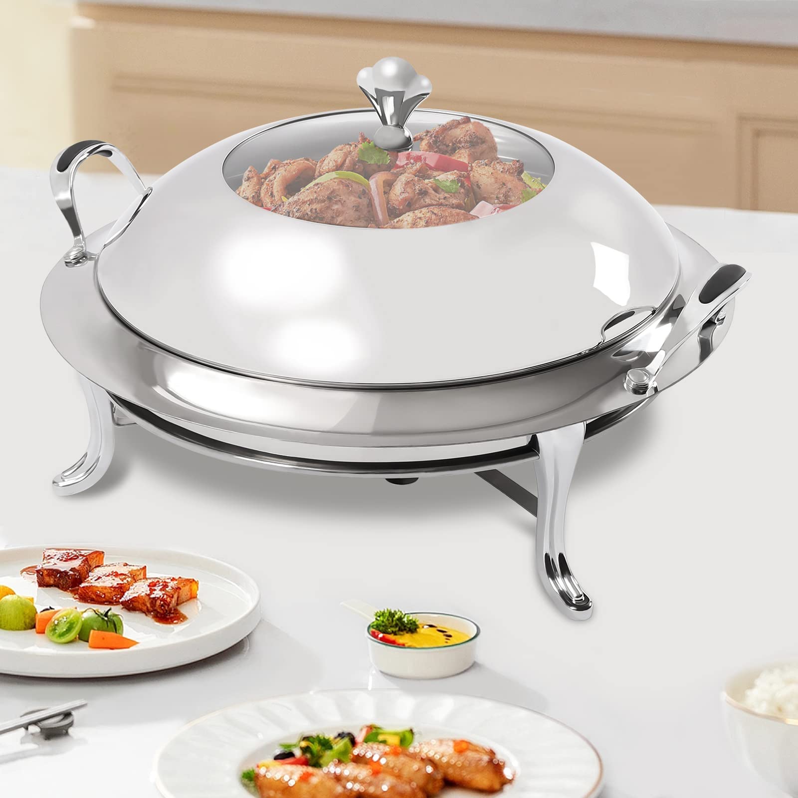 Chafing Dish Stainless Steel Round Durable Buffet Warmer,3L//3.17Q Chafing Dish with Lid and Chafing Fuel Holder for Kitchen Party Dining (Style2)