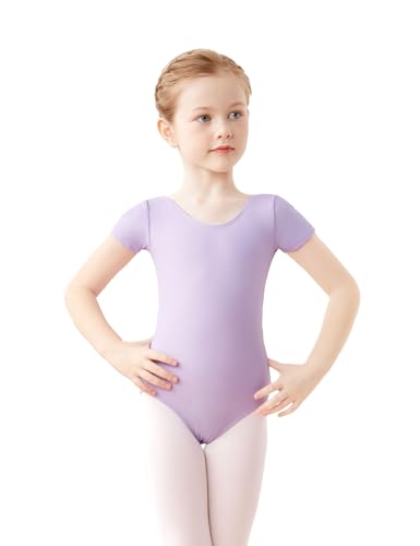 Daydance Short Sleeve Lined Purple Leotards for Girls Ballet, Dance, Gymnastics, Swim
