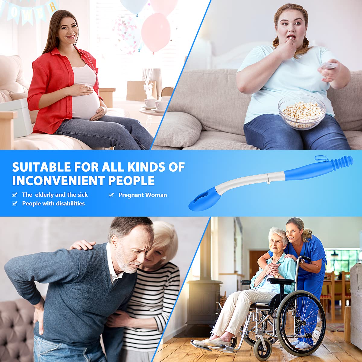 Foldable Butt Wiper, Jhua 15.7" Toilet Aids for Wiping, Comfort Silicone Bottom Buddy Wiping Aid with Hanging Ring, Hook, Carrying Bag, Toilet Aid Tools Bathroom Personal Care, Blue