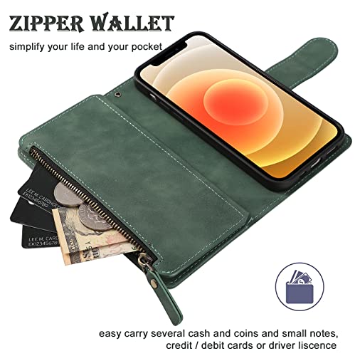 RANYOK Wallet Case Compatible with iPhone 12 Pro Max (6.7 inch), Premium PU Leather Zipper Flip Wallet RFID Blocking with Wrist Strap Magnetic Closure Built-in Kickstand Protective Case - Black Green