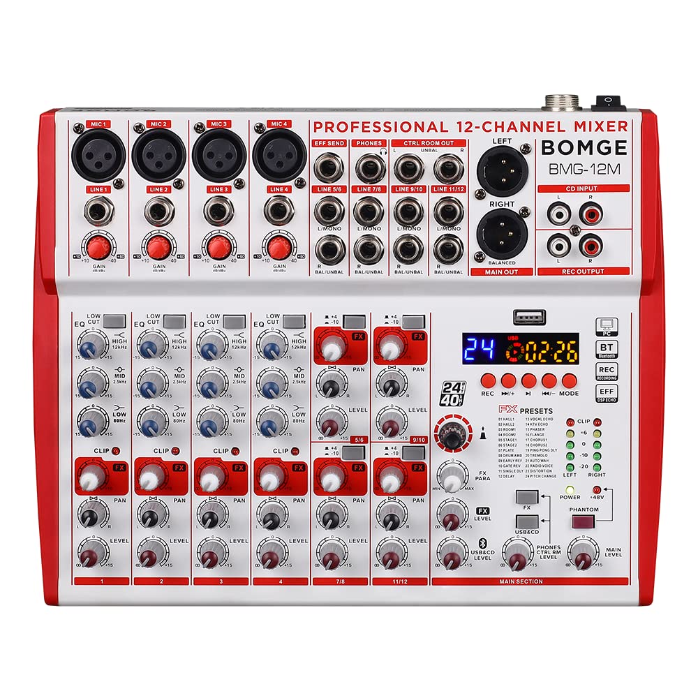 BOMGE 10-Input sound board Mixer with Mic Preamps and Compressors, 24DSP, bluetooth,48V Power,British EQ and USB/Audio Interface fro recording, karaoke and podcast. (10M-10 Channel)