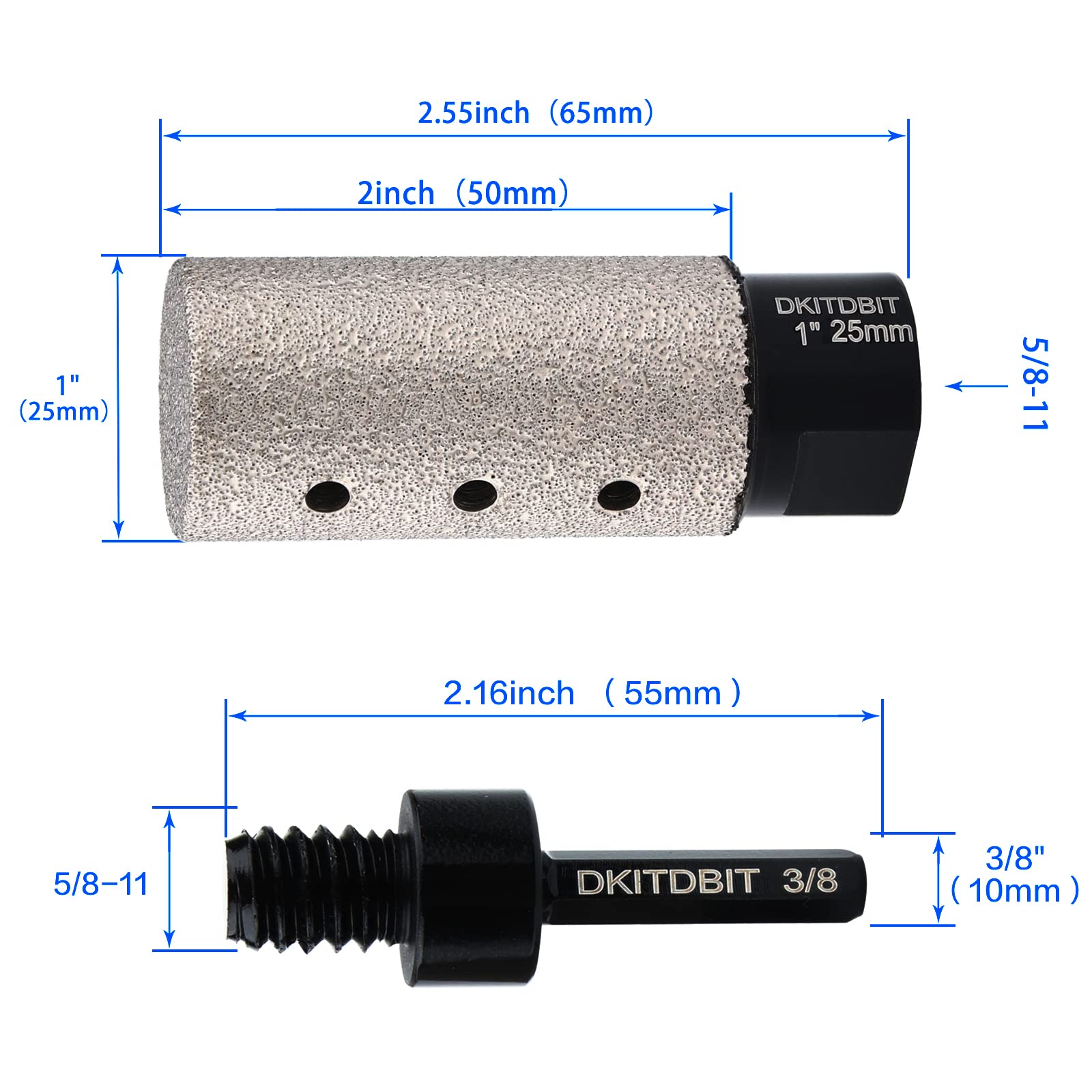Diamond Coated Finger Bit, 1" Tile Milling Bit to Enlarge Grind Polish Shape Holes on Porcelain Ceramic Marble Granite Tile Countertop, with 5/8-11 Thread to 3/8" Hex Shank Adapter, Diameter 25mm