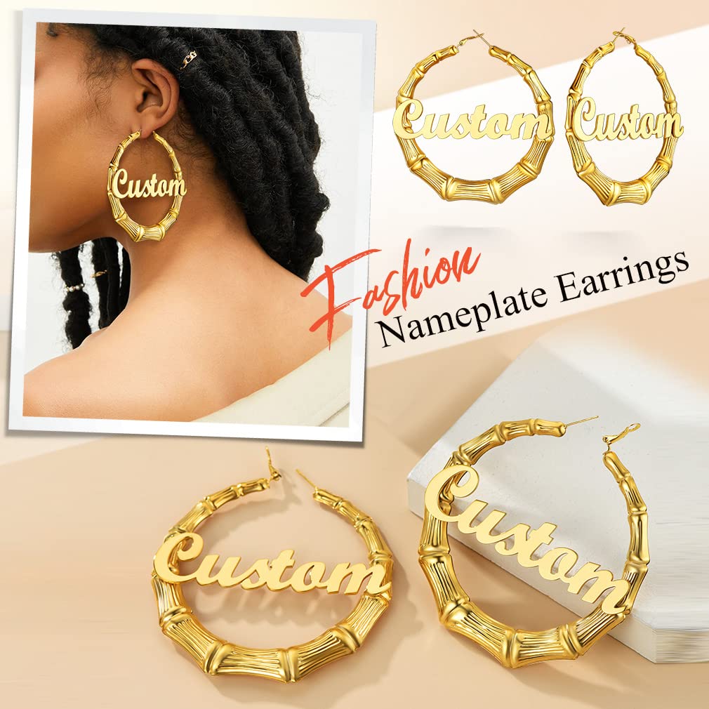 Custom4U Personalized Gold Hoop Earrings with Name Custom Bamboo Elegant Earrings Memory Jewelry Gifts for Women
