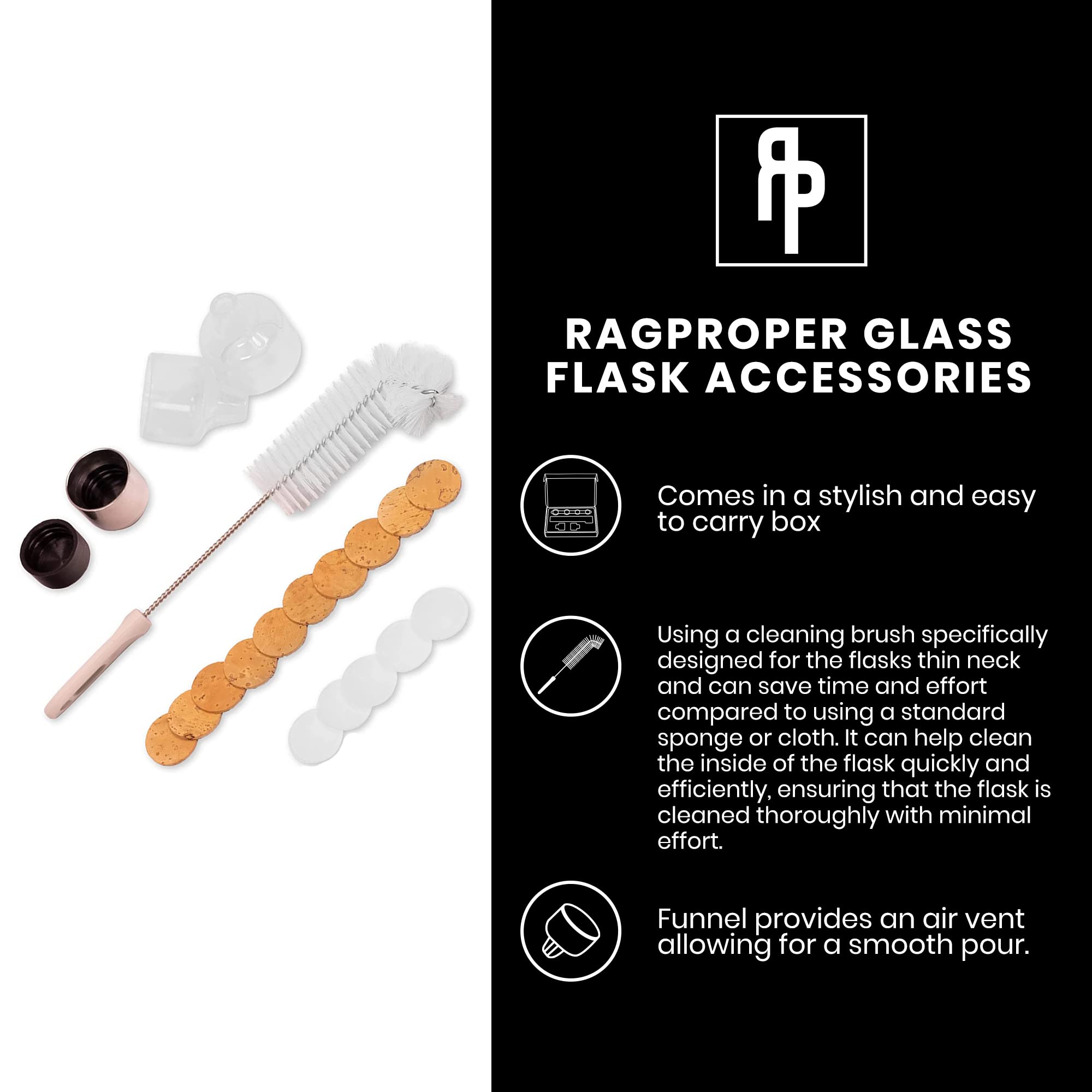 Ragproper Glass Flask Accessory Kit - Cleaning Set with Cleaning Brush, Silicone & Cork Lid Liners, Stainless Steel & Plastic Lids & Smooth Pour Funnels (Double Shot, 240mL)