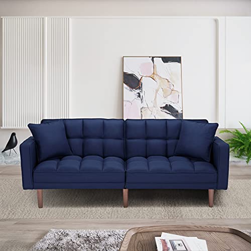 Modern Futon Sofa Bed, 75" Convertible Sleeper Sofa with Armrests and Guests w/ 2 Pillows, Recliner Couch with 5 Solid Wooden Legs, Twin Size Sofa for Living Room (Navy Blue+Fabric)
