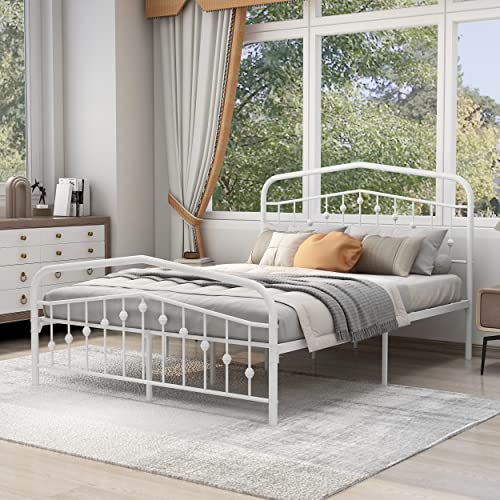 Zoophyter Metal Platform Bed Frame Queen Size No Box Spring Needed with Headboard Footboard Premium Steel Slat Support White