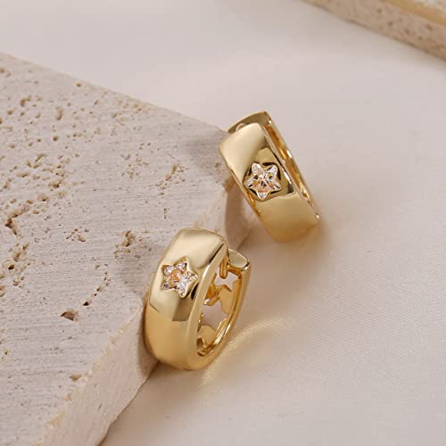CONRAN KREMIX Small Thick Gold Chunky Hoop Earrings Star Cubic Zircon Lightweight Hoops For Women