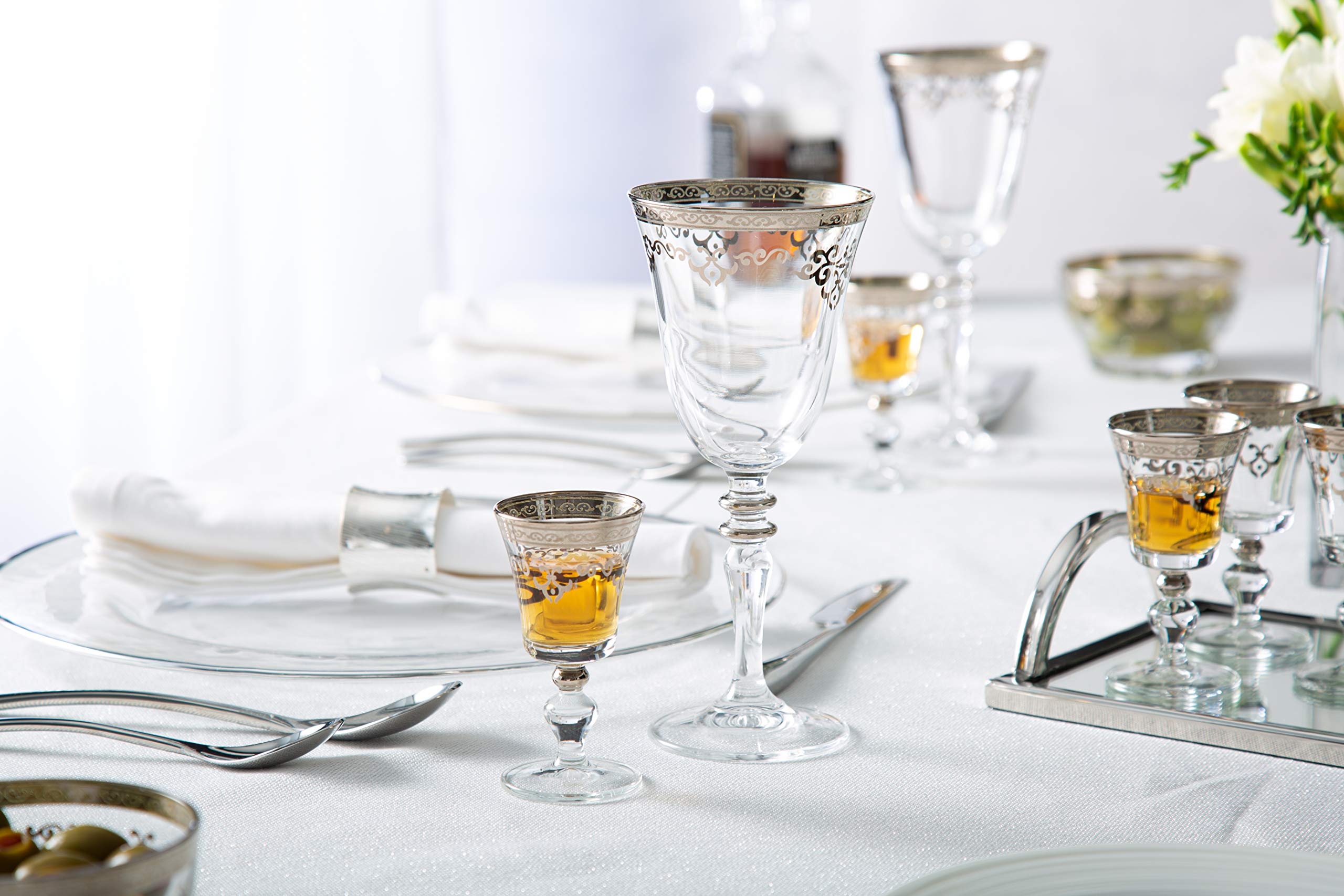 Clear Liquor Glasses with Stem and Silver Design-Set of 6-Fills 2 ounces-Measures: 4"H x 2"D