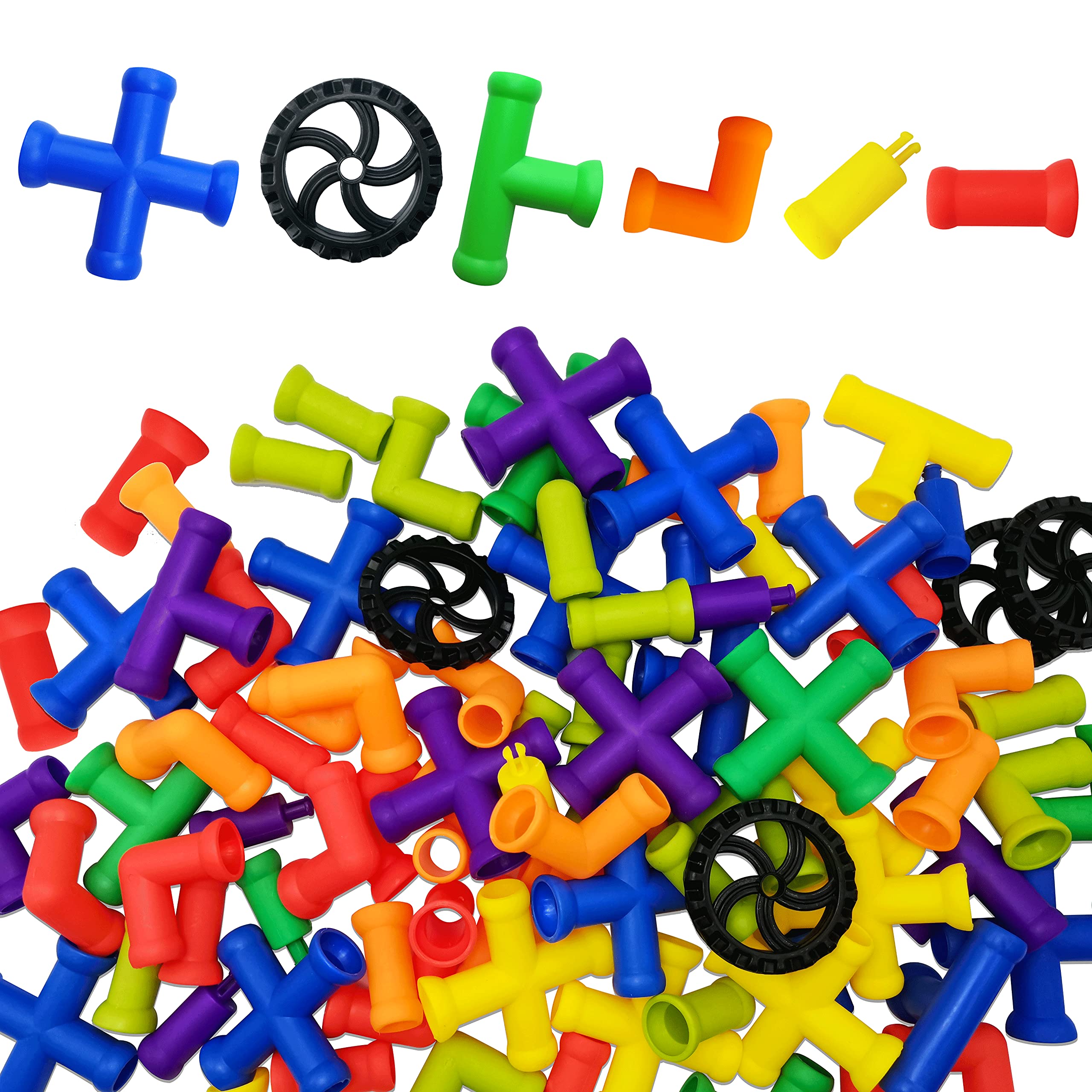 Tucimibo STEM Pipes & Joints Tube Building Blocks Sensory Toy Set for Toddler Boys Girls Kids, 100 Pcs Creative Locks Construction Educational Preschool Learning Child Gift with Wheels
