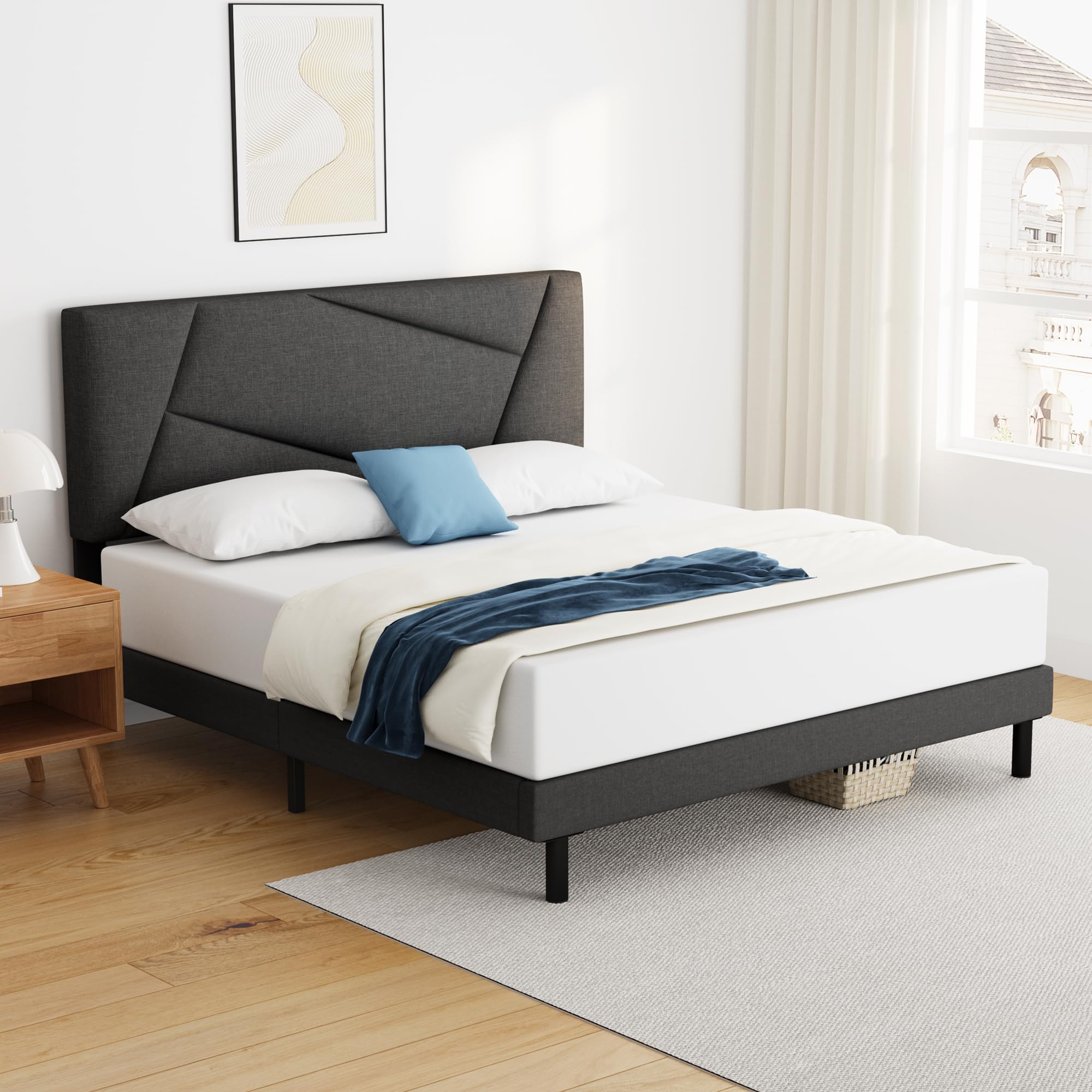 Generic Queen Bed Frame Upholstered Platform with Headboard, Linen Fabric Wrap, Strong Frame and Wooden Slats Support, Easy Assembly No Box Spring Needed,Non-Slip and Noiseless, E Dark Grey