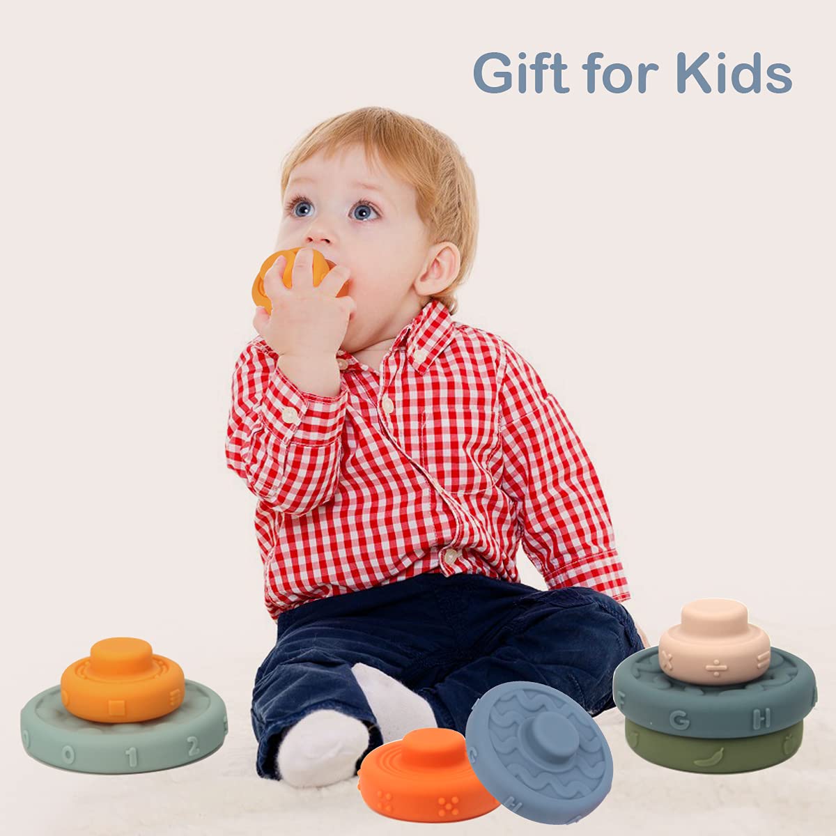 TuiVeSafu 6PCS Baby Stacking Nesting Rings Toy,Soft Building Circle Squeeze Teether,Toddlers Sensory Early Educational Toy with Number,Shape,Fruits,Letters Learning Toy for 6+ Months Boys or Girls